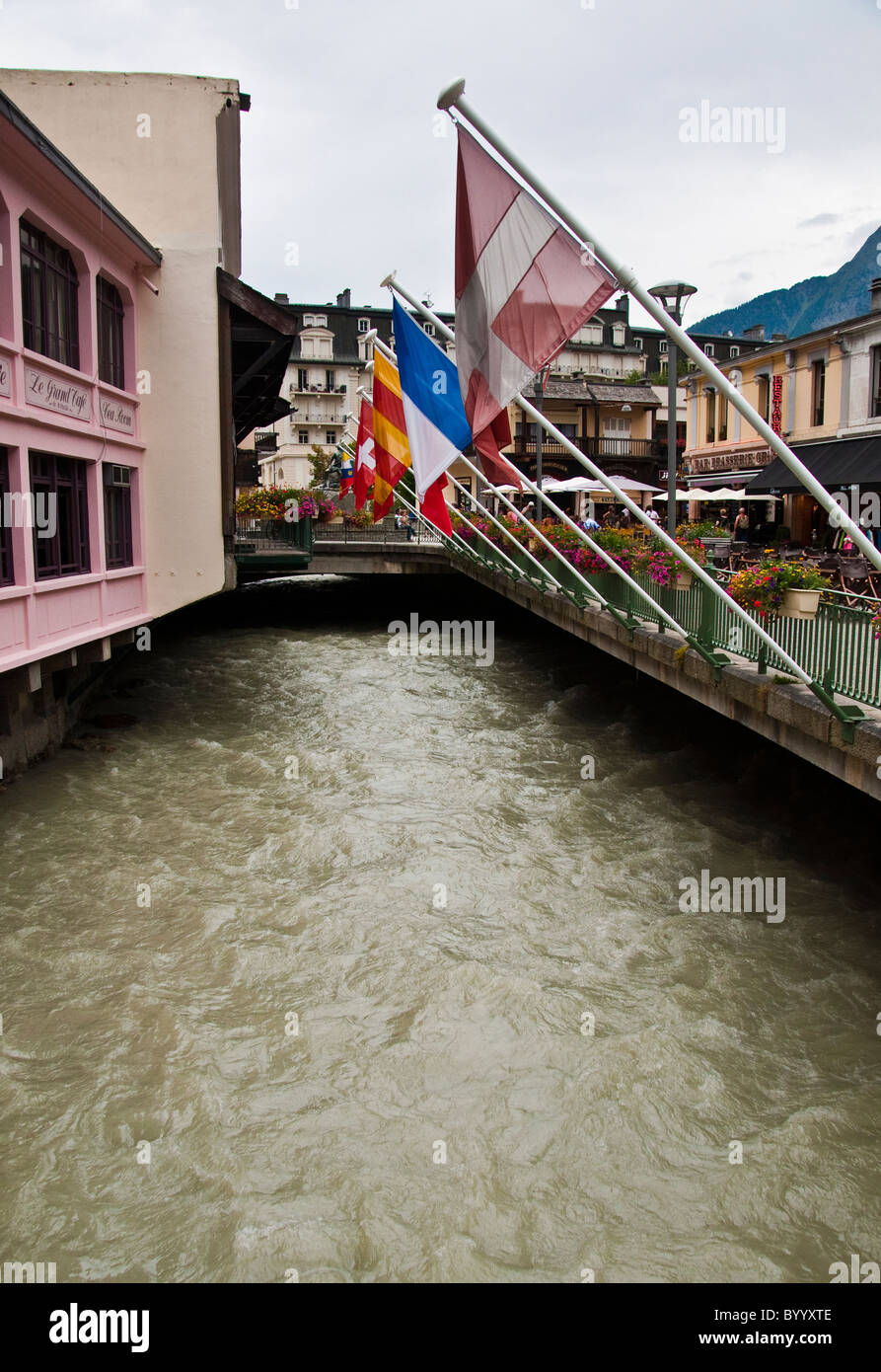 chamonix town center mountain river cold icy water flags Stock Photo ...