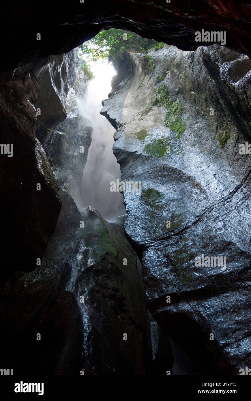 The waterfall Cascate del Varone plunges into the Varone Gorge, near ...