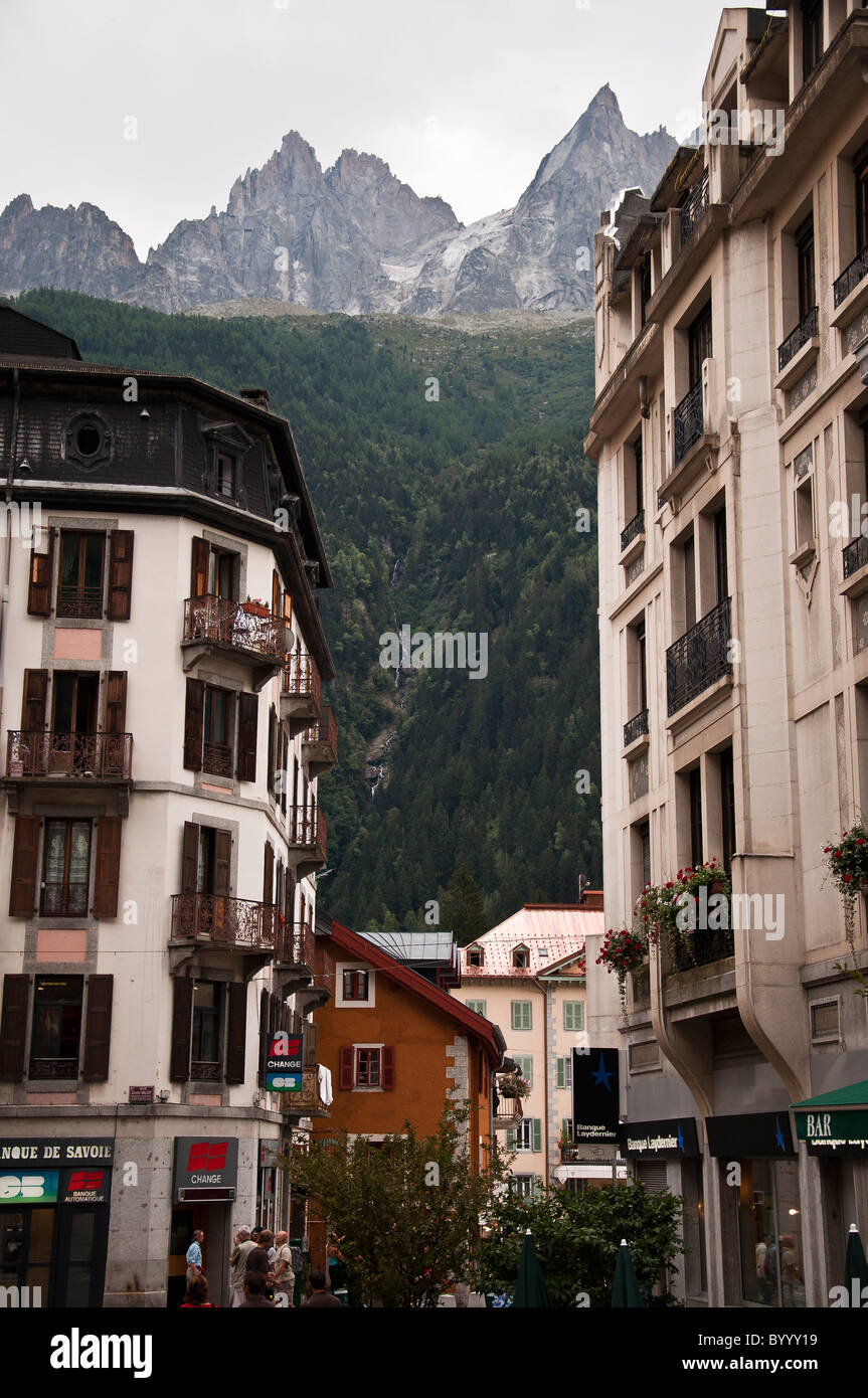 chamonix town center tall buildings mountain ski resort french alps ...
