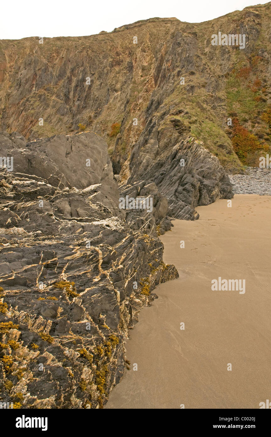 Beach scene on the rugged Pembrokeshire coast at Traeth Llyfn Stock ...