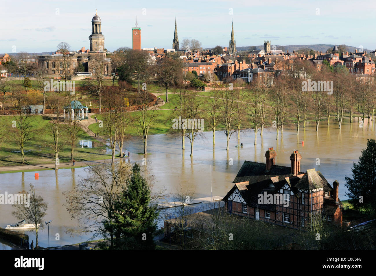 River Severn in flood at The Quarry, Shrewsbury, Shropshire, February ...