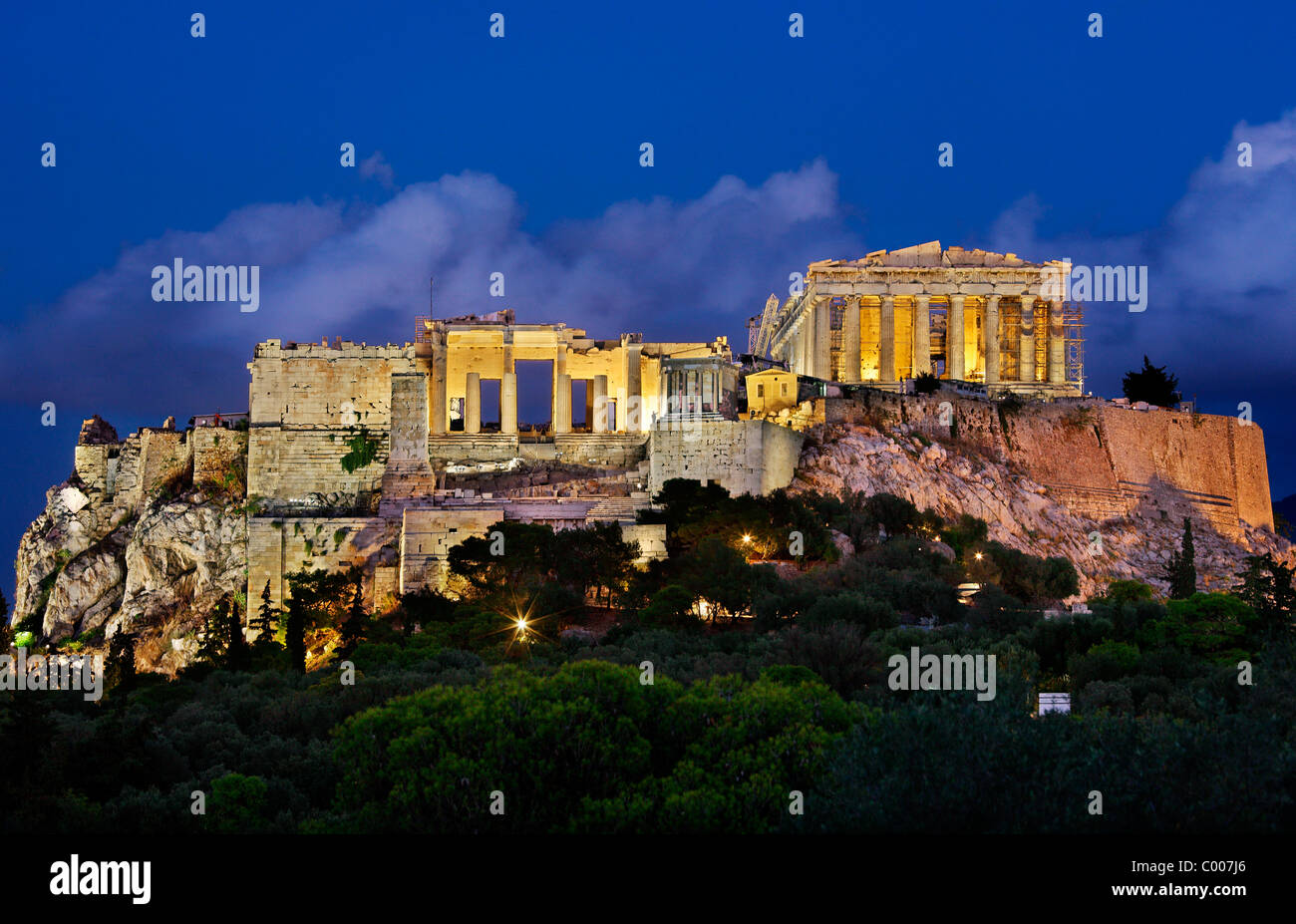 The Parthenon and the Propylaea on the Acropolis of Athens, in the "blue" hour. Greece Stock ...