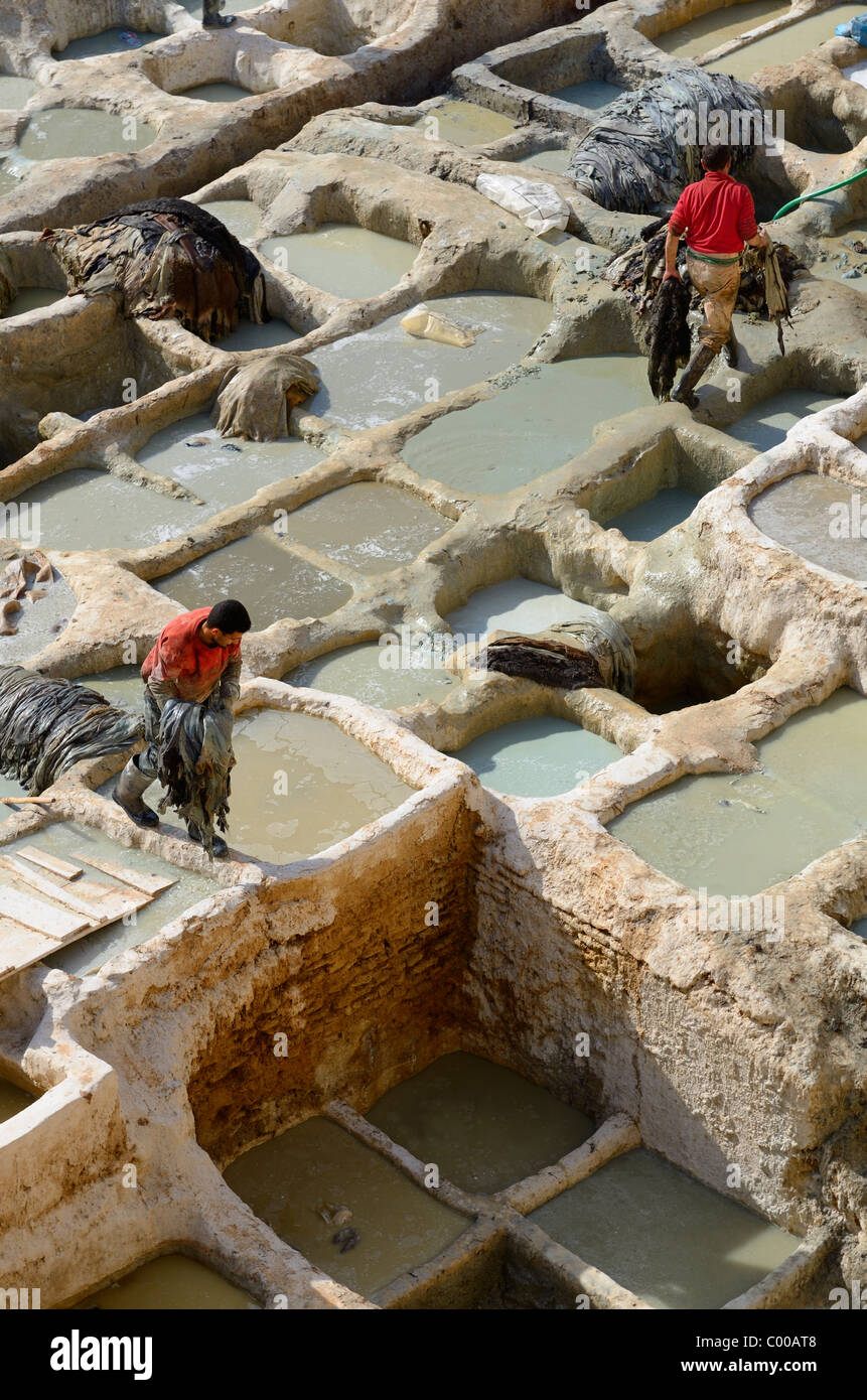Two workers in red at wet blue chrome tanning soaking vats at Fes ...