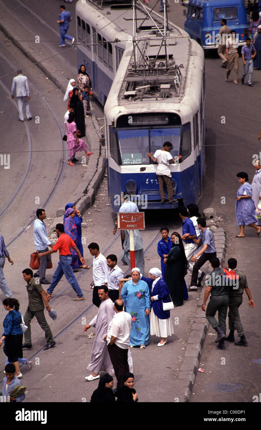 cairo, egypt -- a tram car approaching ramses central train station in ...