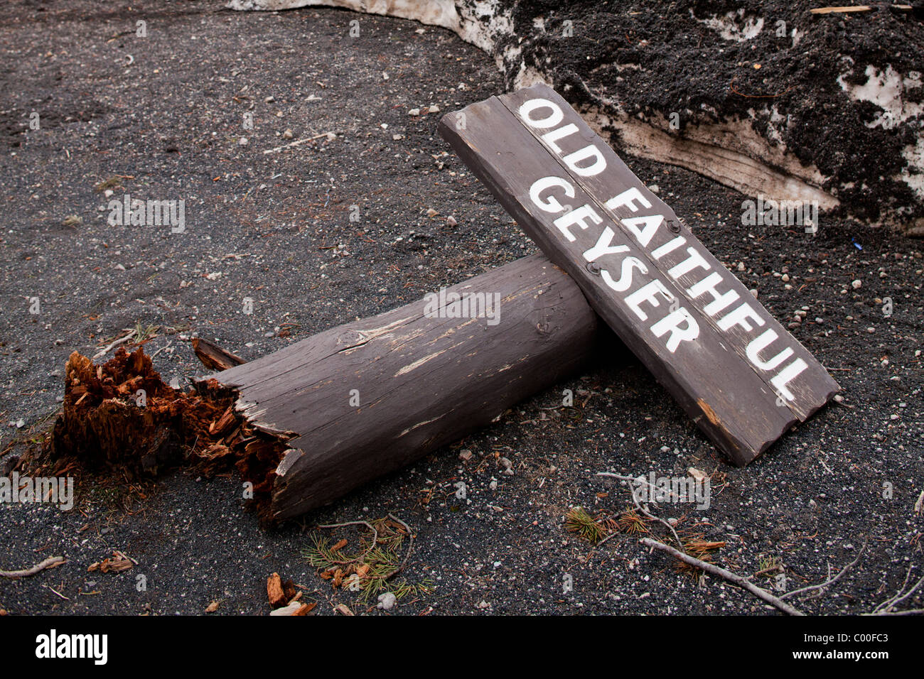 USA, Wyoming, Yellowstone National Park, Broken sign for Old Faithful ...