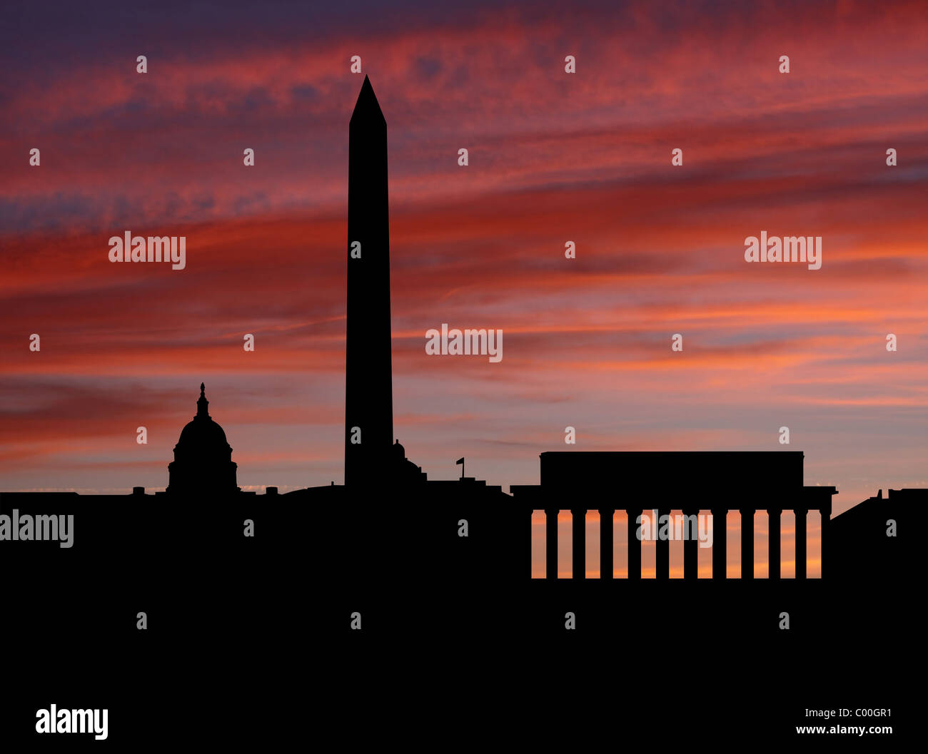Washington DC Skyline at sunset with beautiful sky illustration Stock ...