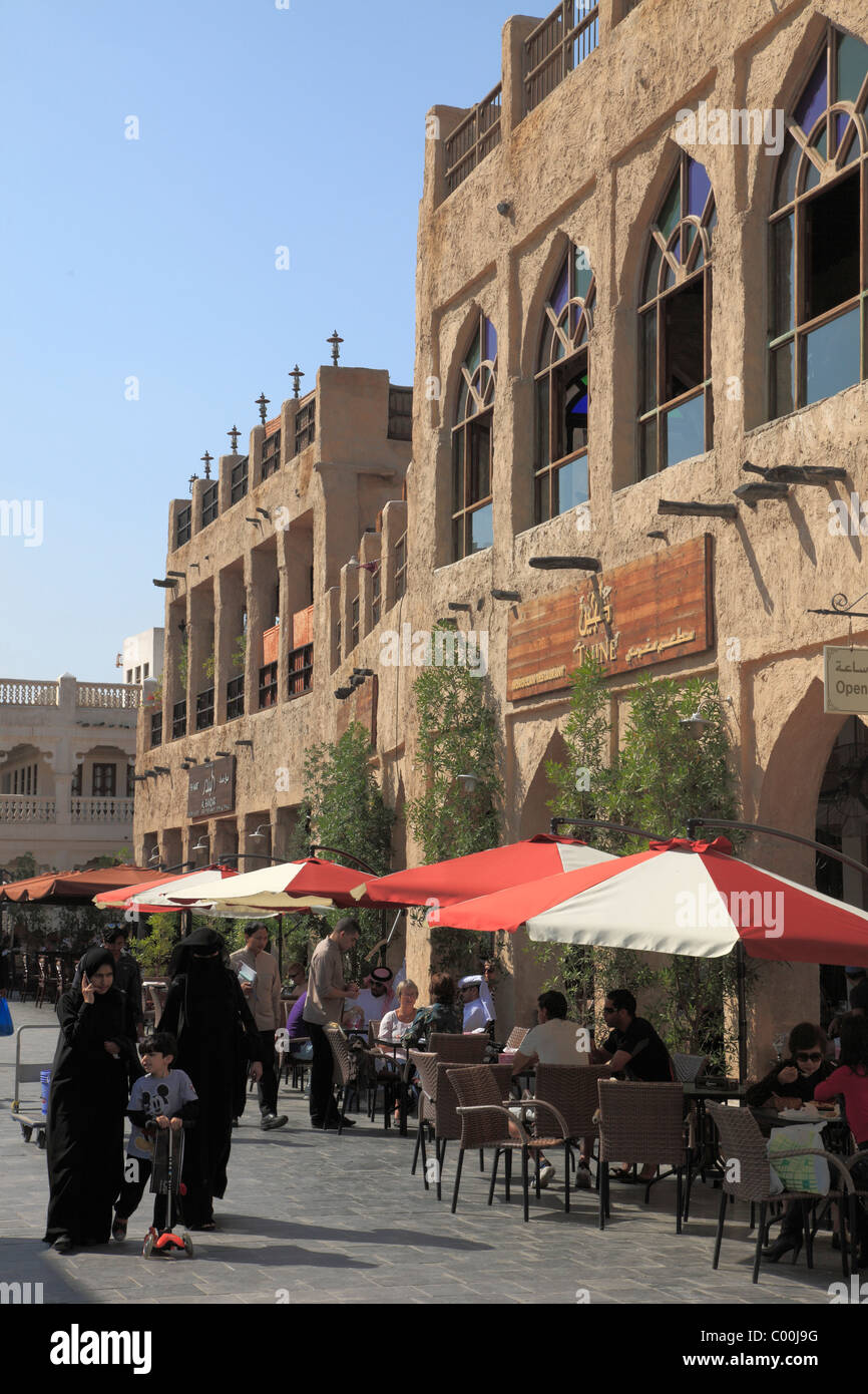 Qatar, Doha, Souq Waqif, street scene, traditional architecture, cafe ...