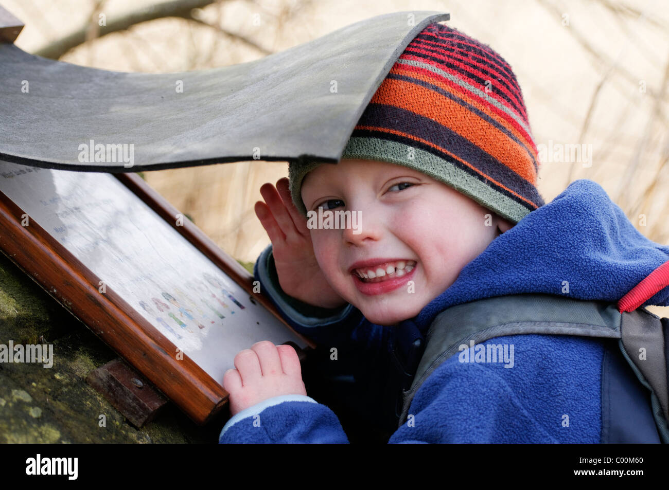 A young boy on a nature trail at Conwy RSPB reserve Stock Photo - Alamy