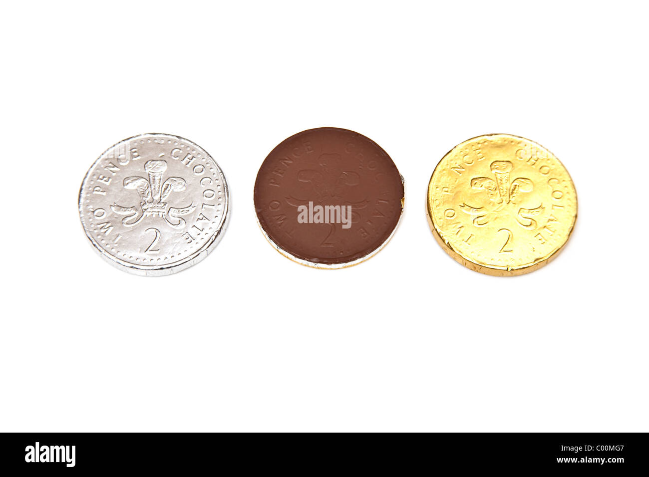 Chocolate money coins isolated on a white studio background Stock Photo ...