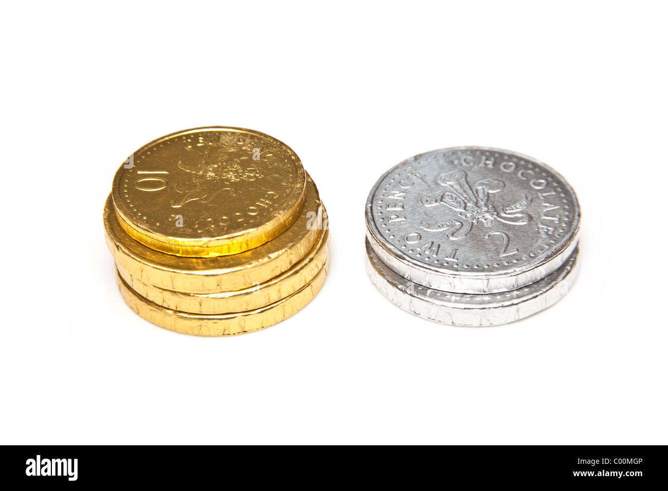 Chocolate money coins isolated on a white studio background Stock Photo ...