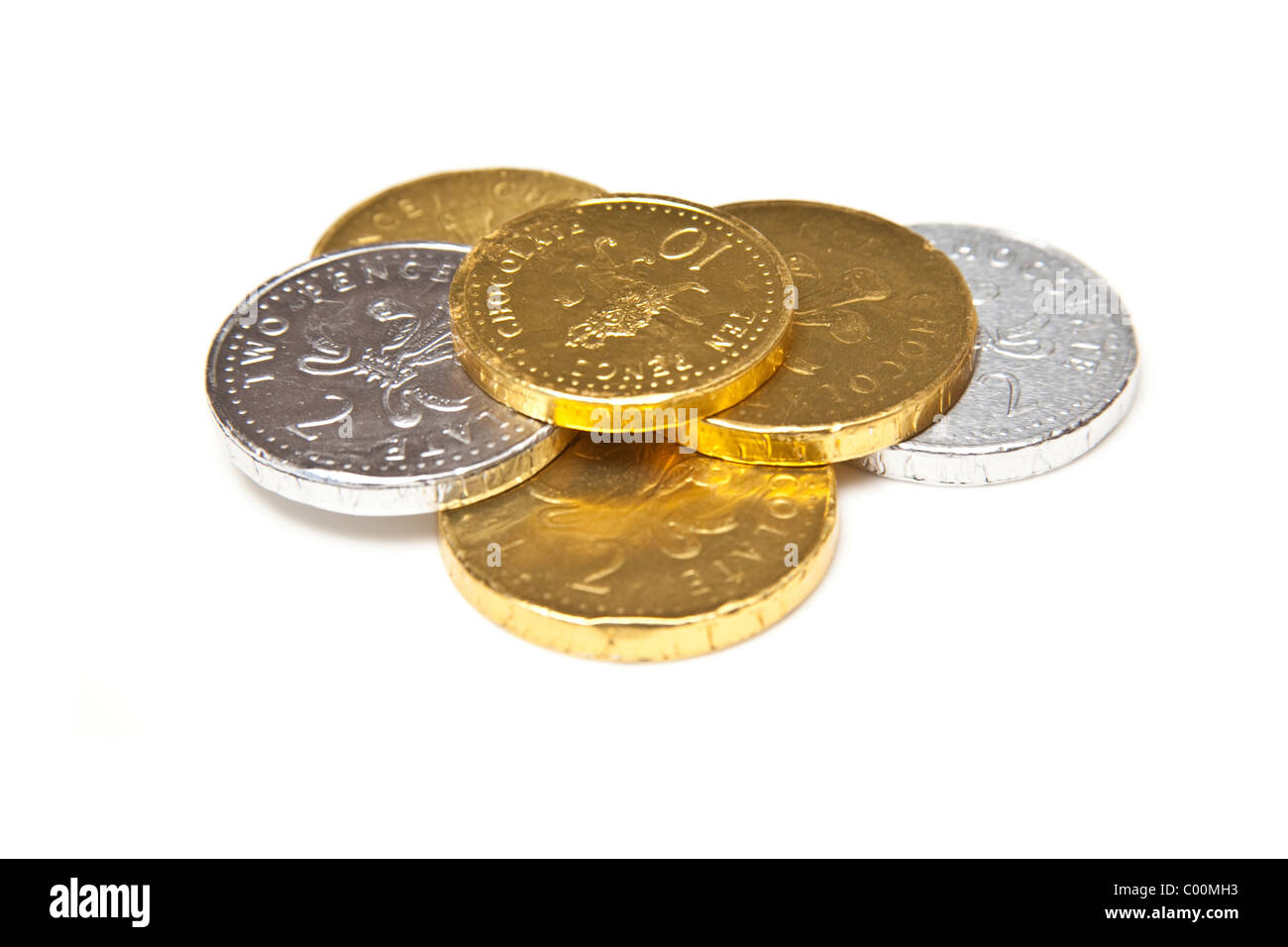 Chocolate money coins isolated on a white studio background Stock Photo ...