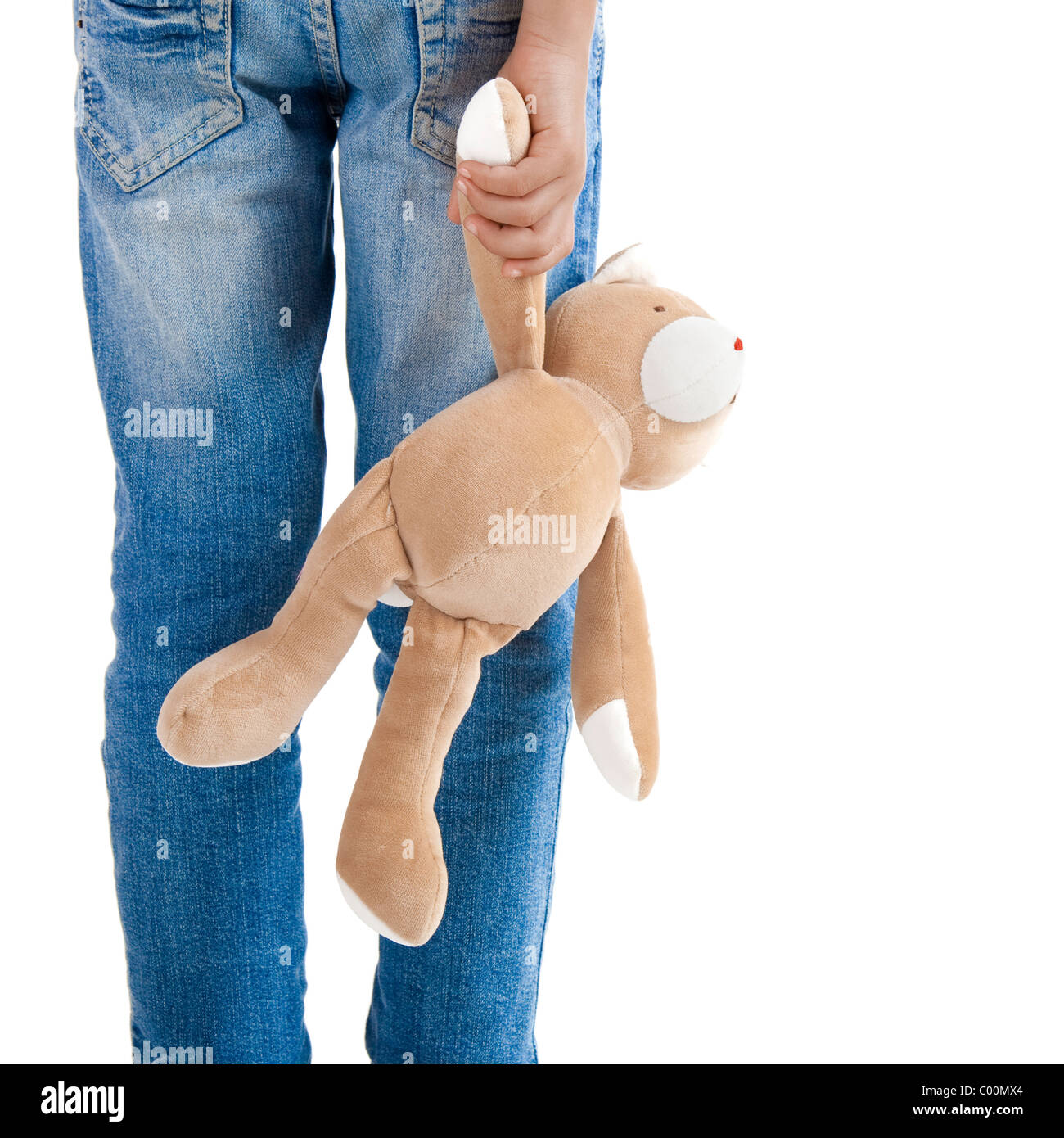 Little kid alone with her teddy bear, isolated on white Stock Photo - Alamy