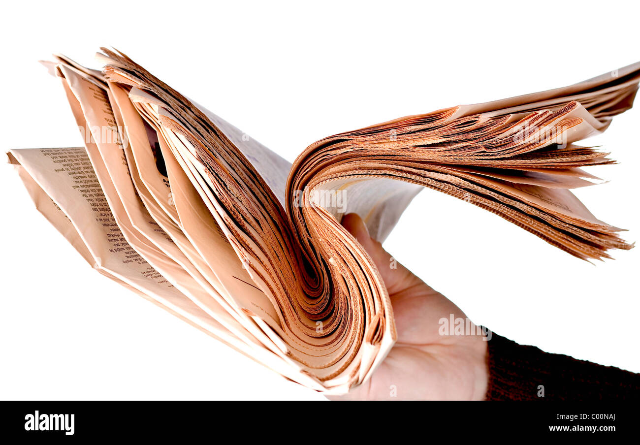Hand offering News papers isolated on white background Stock Photo - Alamy