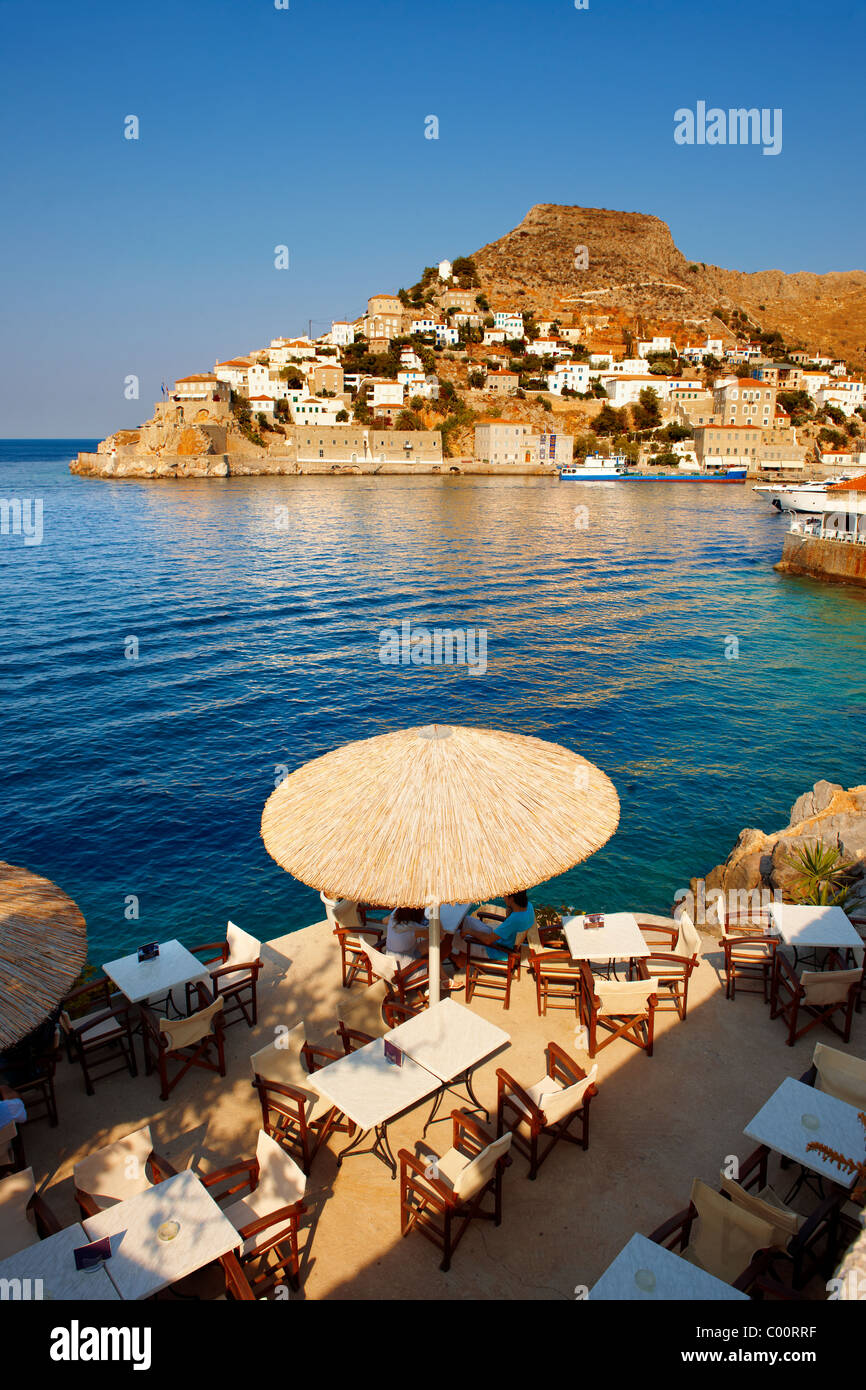 Cafe overlooking the port of Hydra, Greek Saronic Islands Stock Photo ...