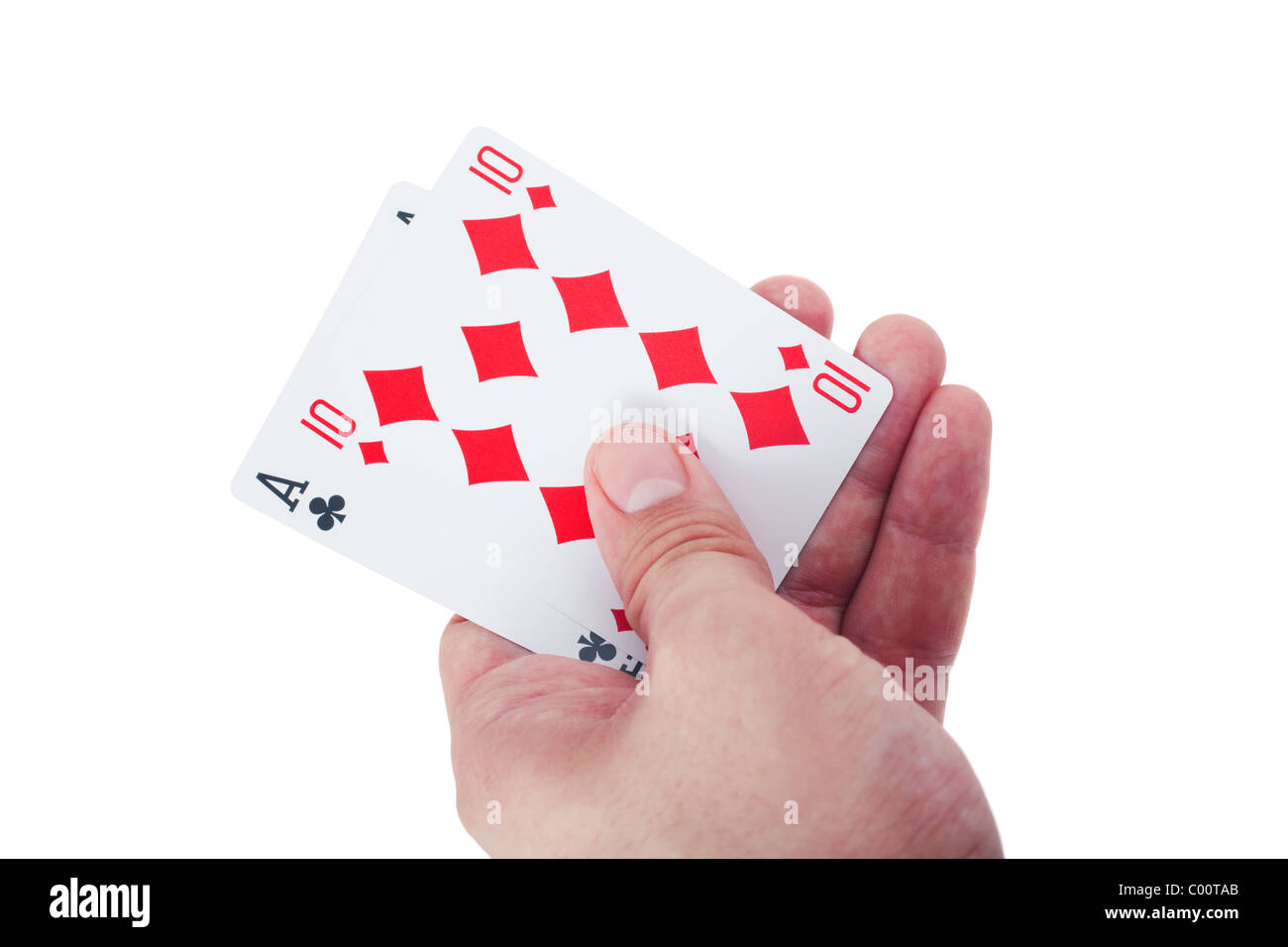 hand holding two playing cards isolated on white background Stock Photo ...