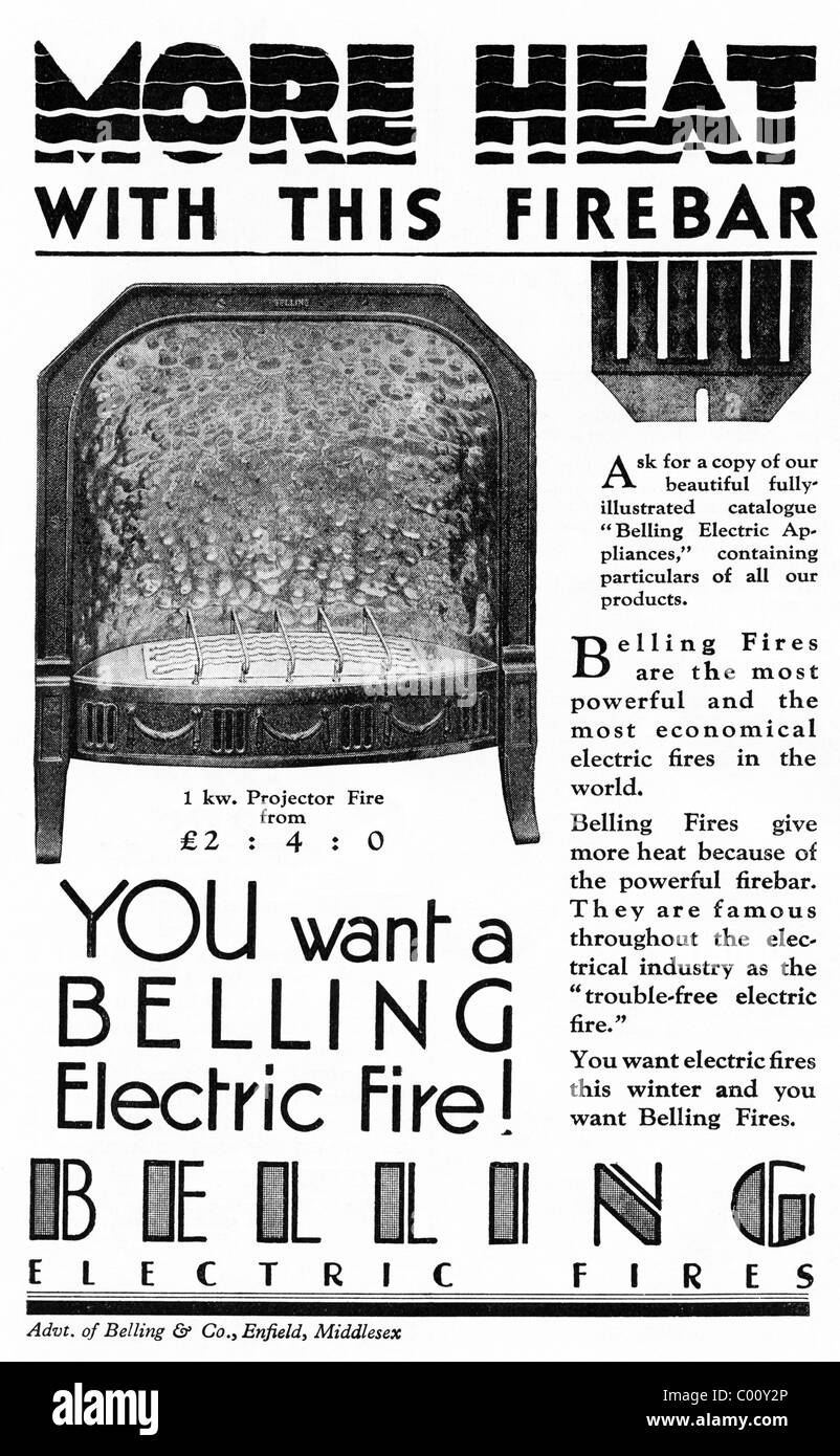 1920s advertisement in consumer magazine for BELLING ELECTRIC FIRES ...