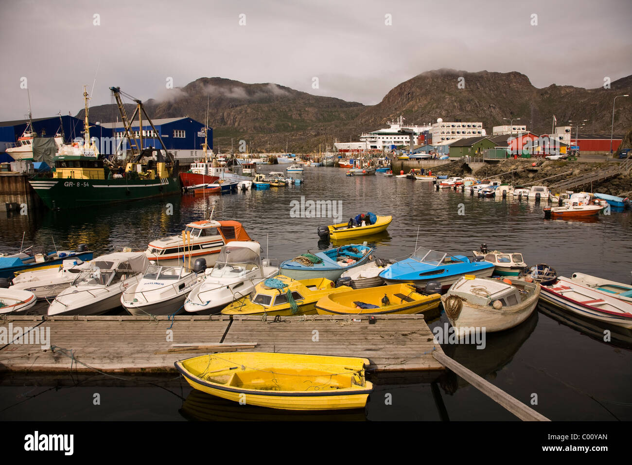 The harbor at Sisimiut, ringed with fishing vessels, Sisimiut ...