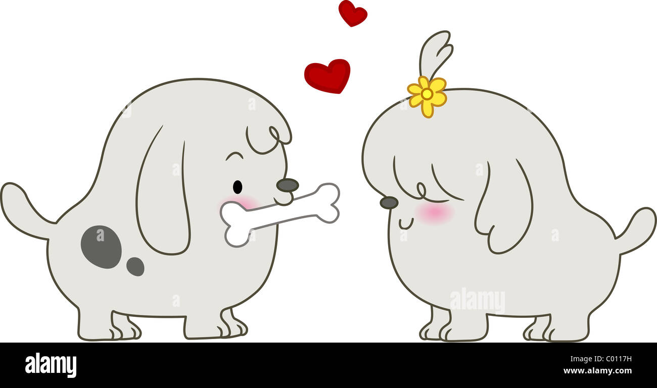 Illustration of a Male Dog Giving a Female Dog a Piece of Bone Stock ...