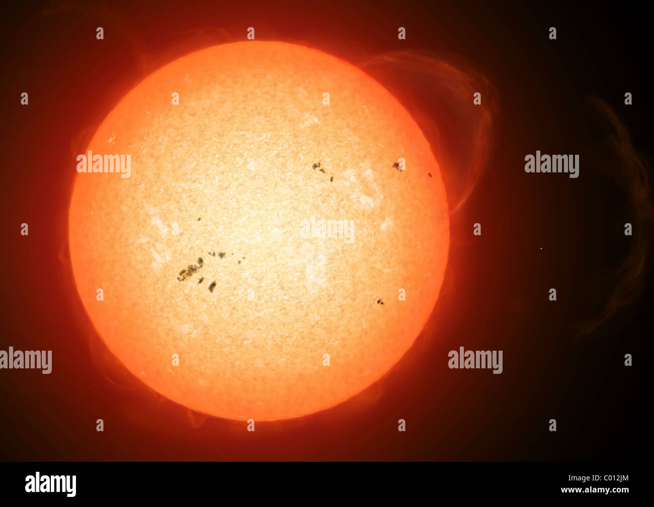 Illustration of the sun with visible dark sunspots on the surface ...