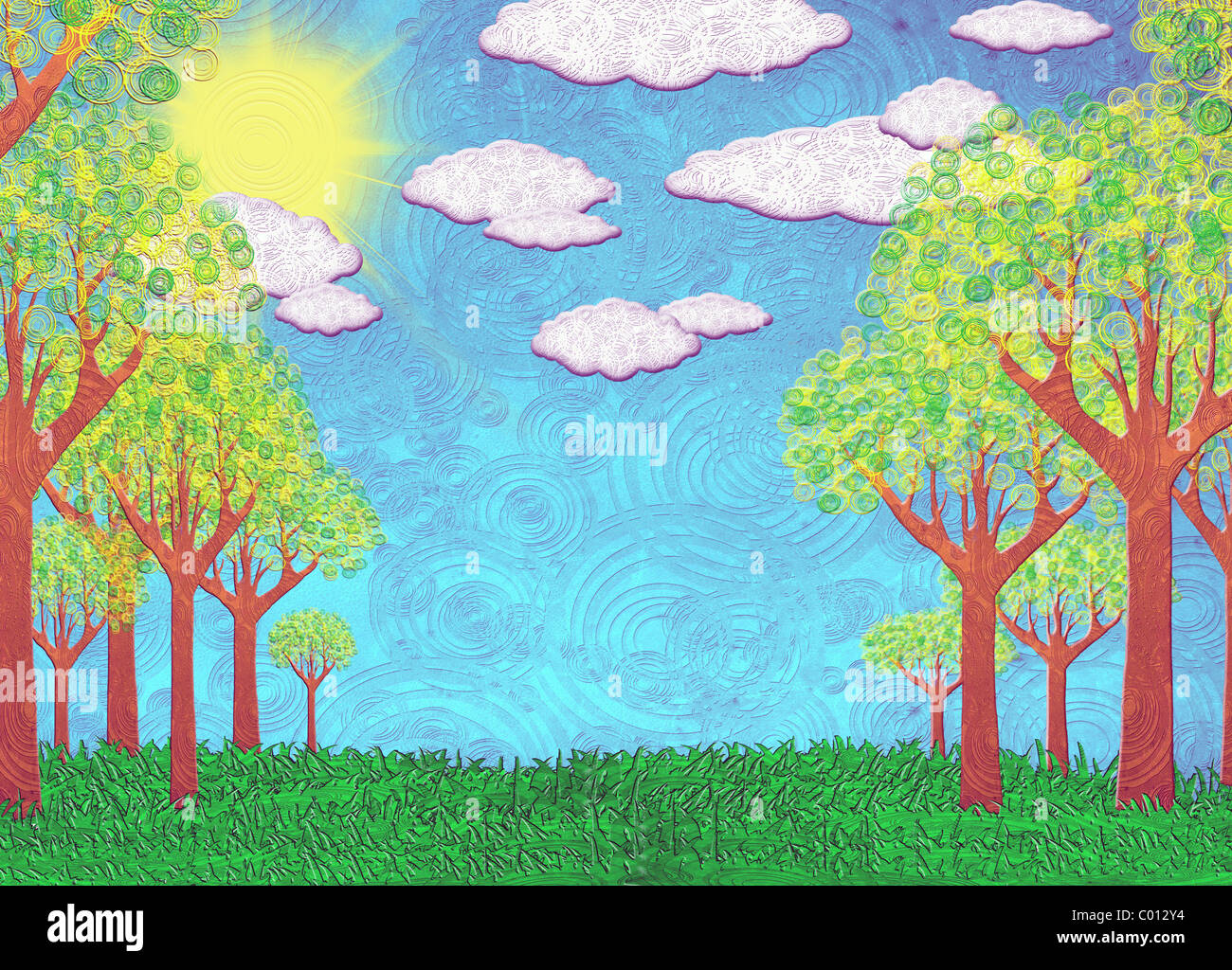 sunny landscape with trees and clouds Stock Photo - Alamy