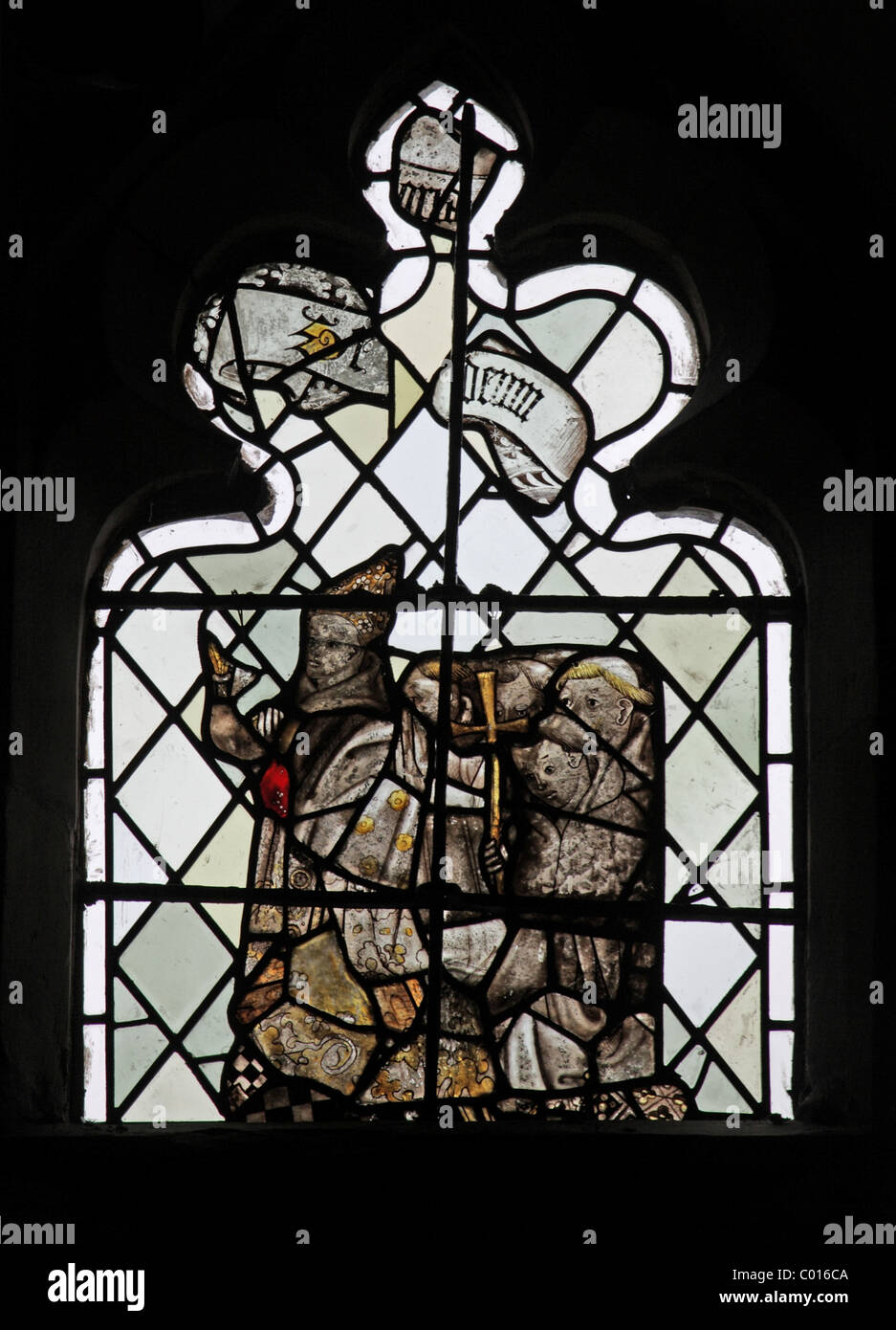 15th Century Stained glass window depicting a bishop (or a pope) and ...