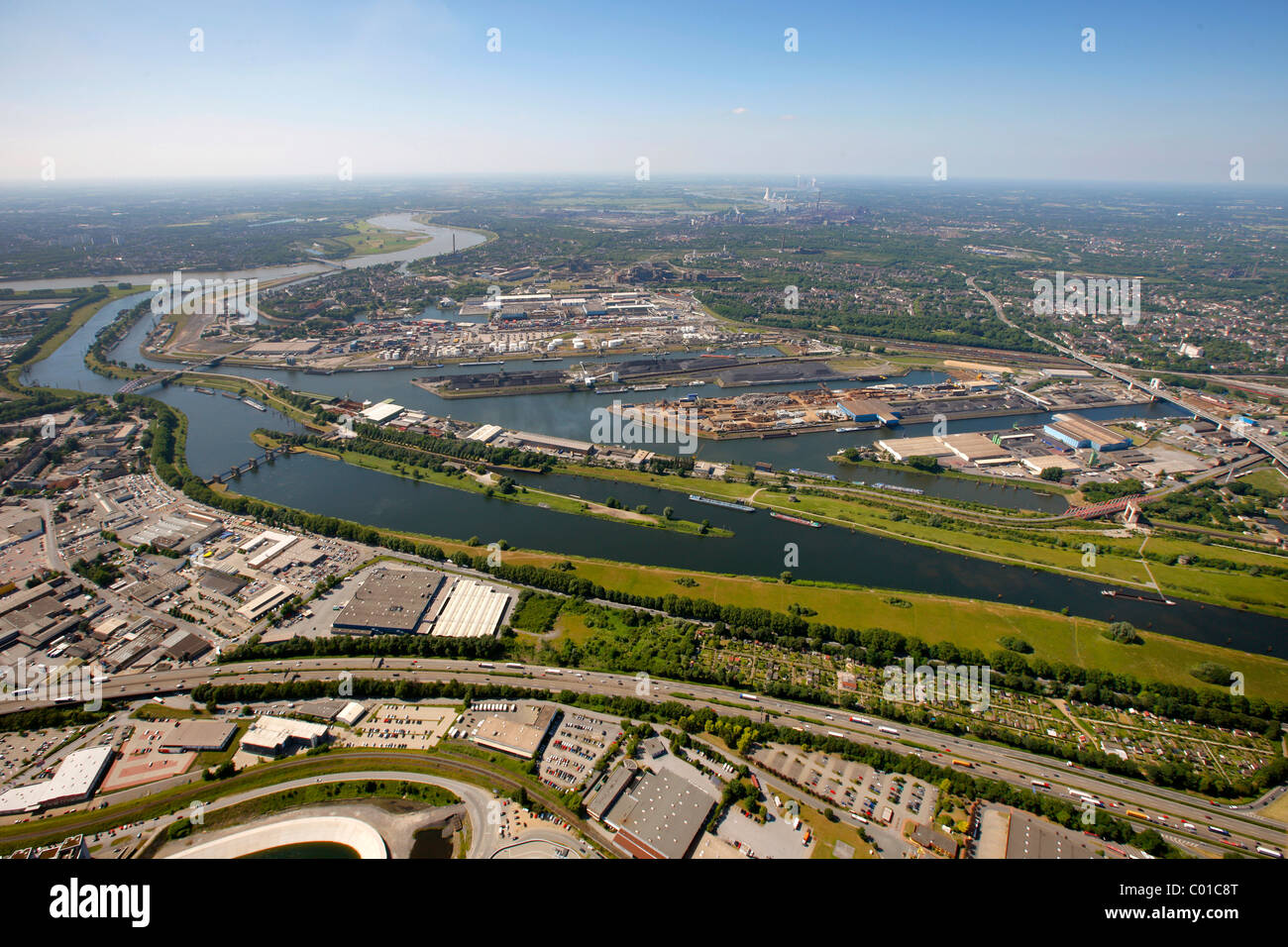 Aerial view, Duisburg Hafen harbour on the mouth of the Ruhr river ...