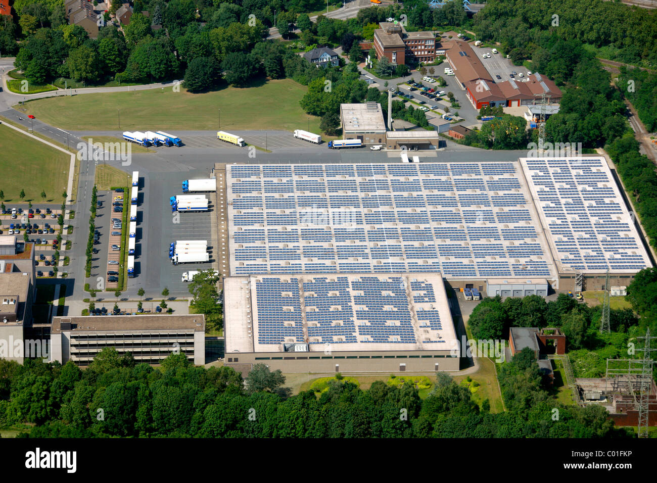 Aerial view, Aldi Nord supermarket with solar panels on the roofs ...