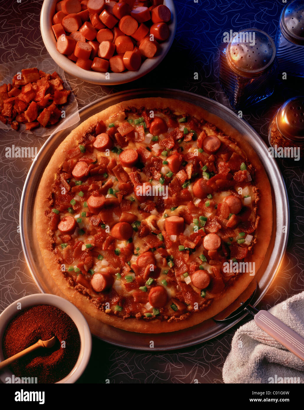 Top down of baloney pizza with ingredients Stock Photo - Alamy