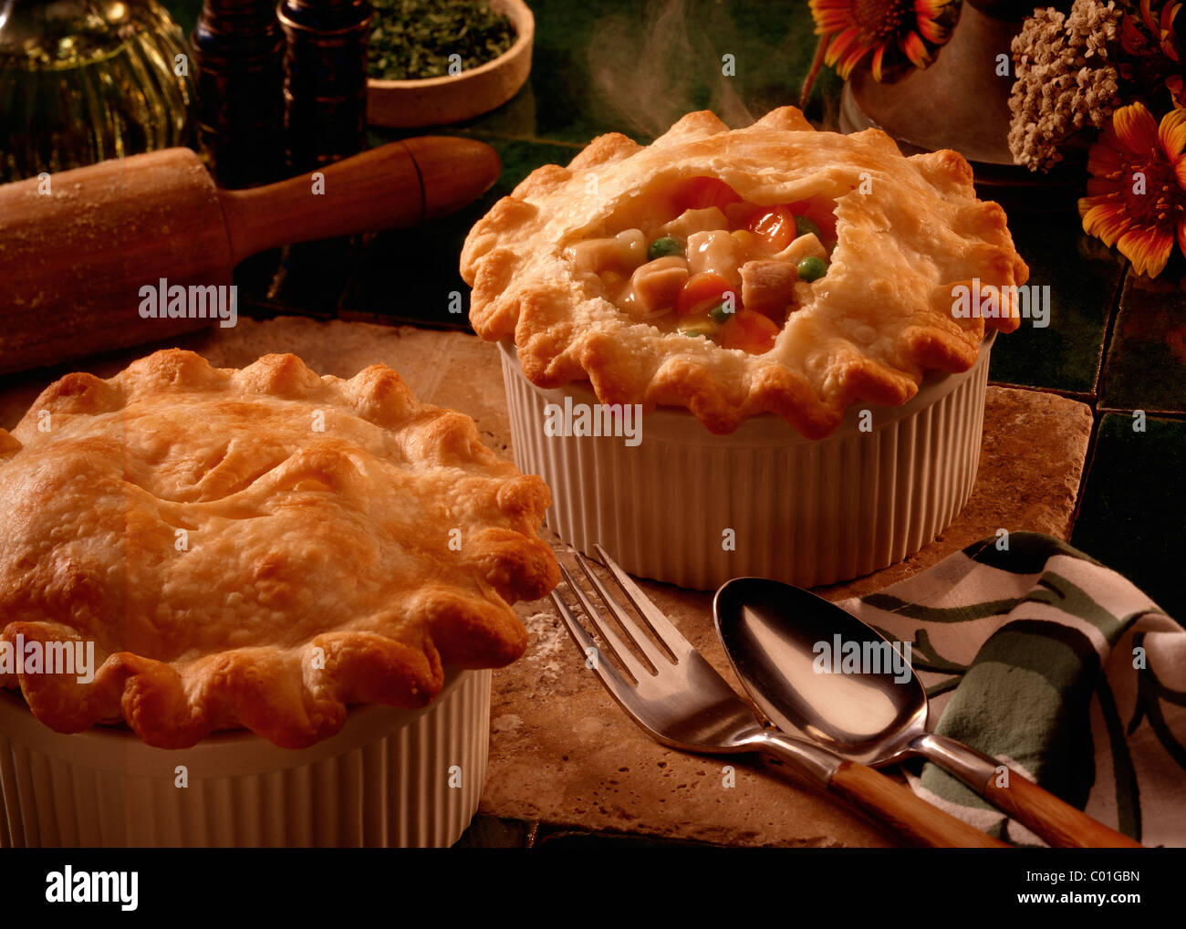 Pot pies steaming, fresh from the oven Stock Photo - Alamy