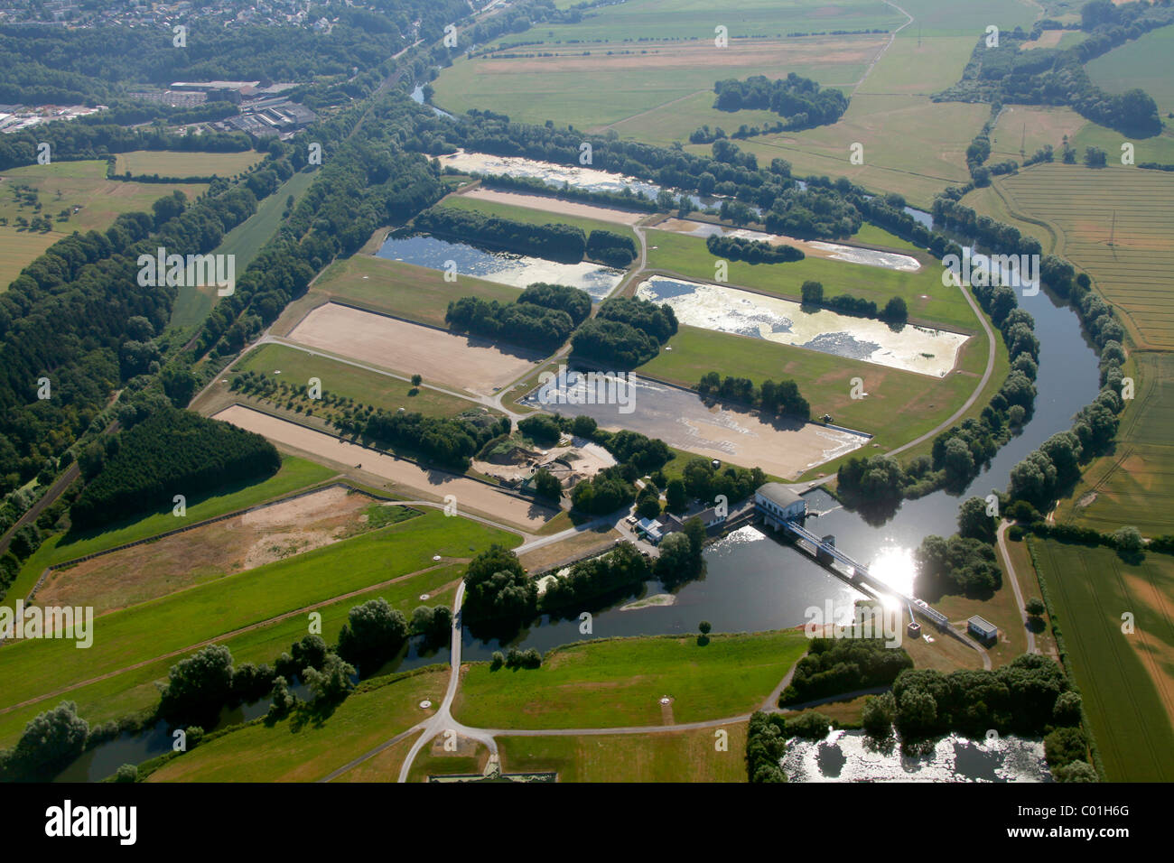 Aerial view, Ruhraue meadow, sewage treatment plant, Ruhrtal valley ... Aerial view, Ruhraue meadow, sewage treatment plant, Ruhrtal valley ...