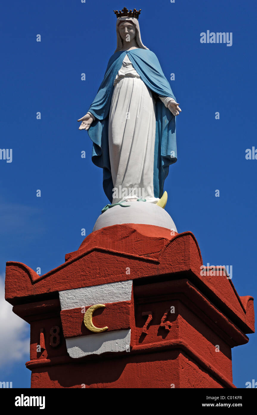 Coloured statue of Mary on a column, 1874, Ingersheim, Alsace, France ...