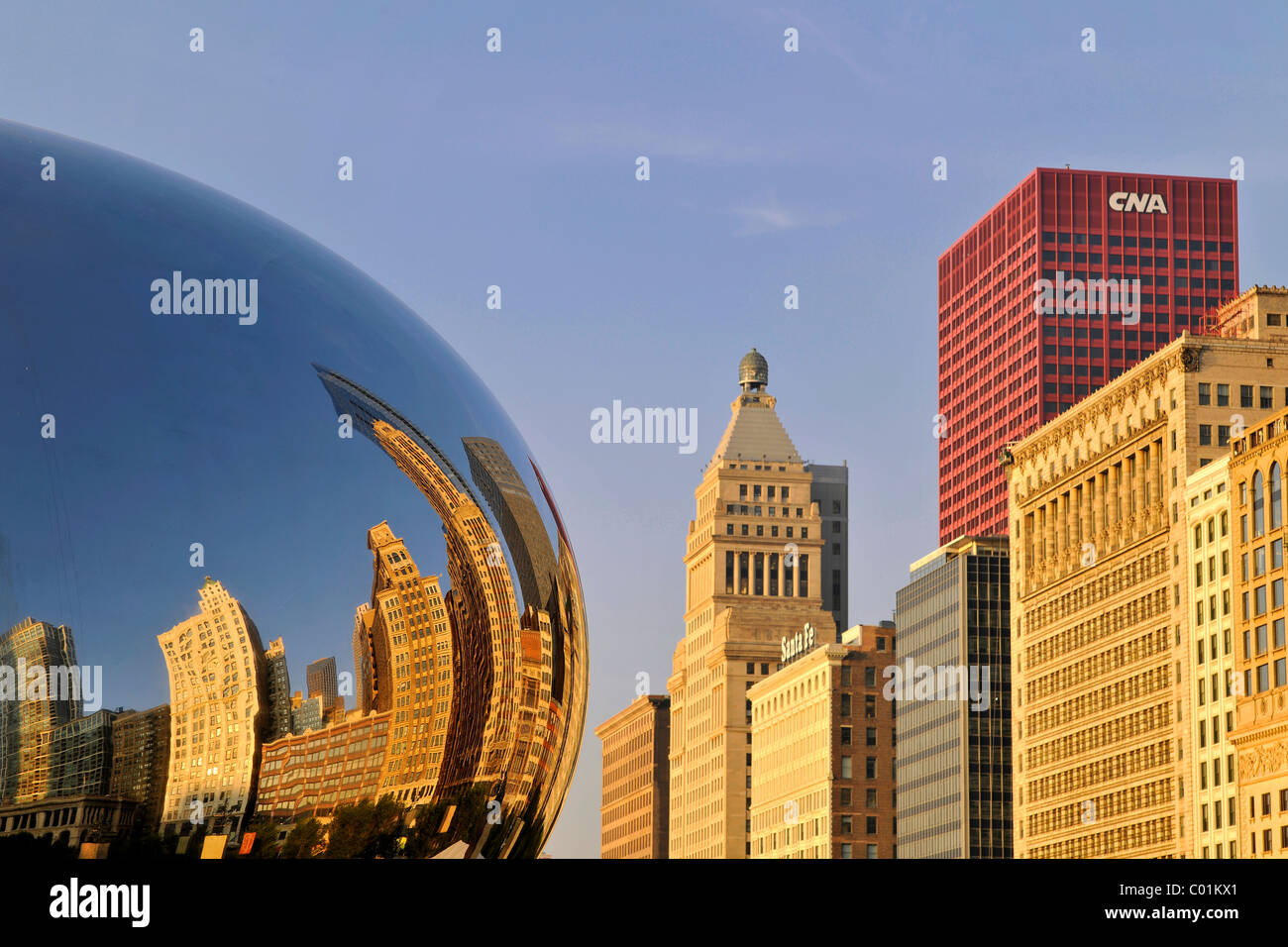 Chicago skyline being reflected on the surface of the Cloud Gate ...