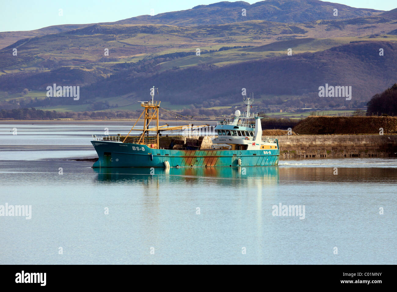Mussel Dredger Valente leaving Bangor Harbour on the Menai Strait with ...