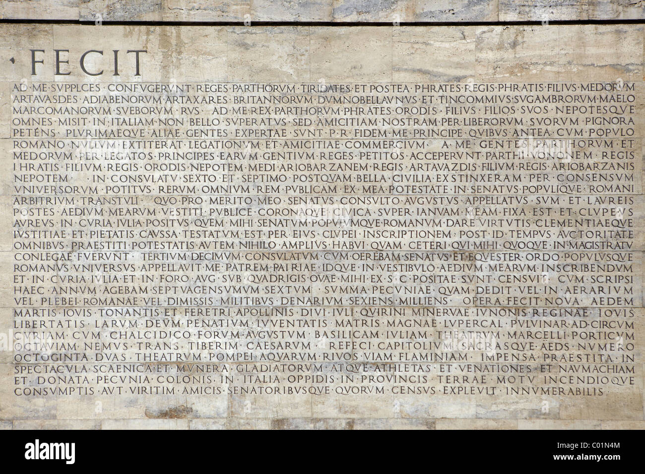 Latin inscription on wall of Ara Pacis Augustae museum in Rome, Italy ...