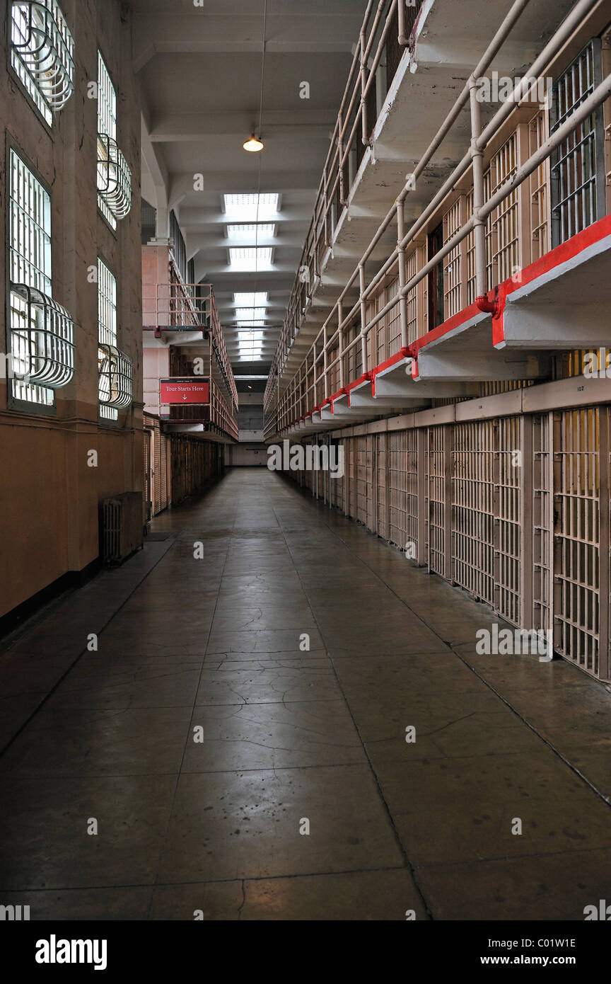 View into a cell block in the prison, Alcatraz Island, California, USA ...