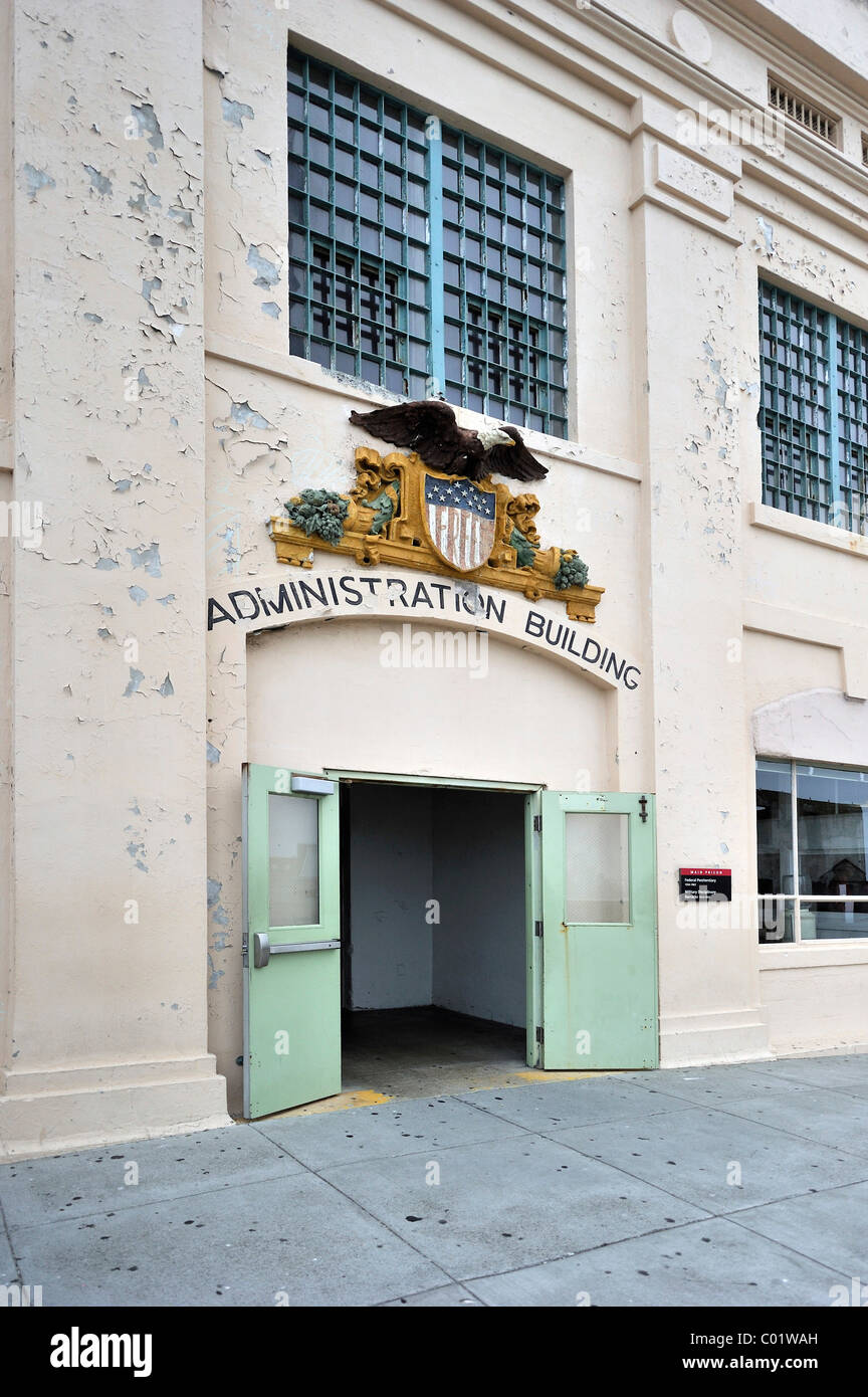 Exterior, prison administration building, Alcatraz Island, California ...