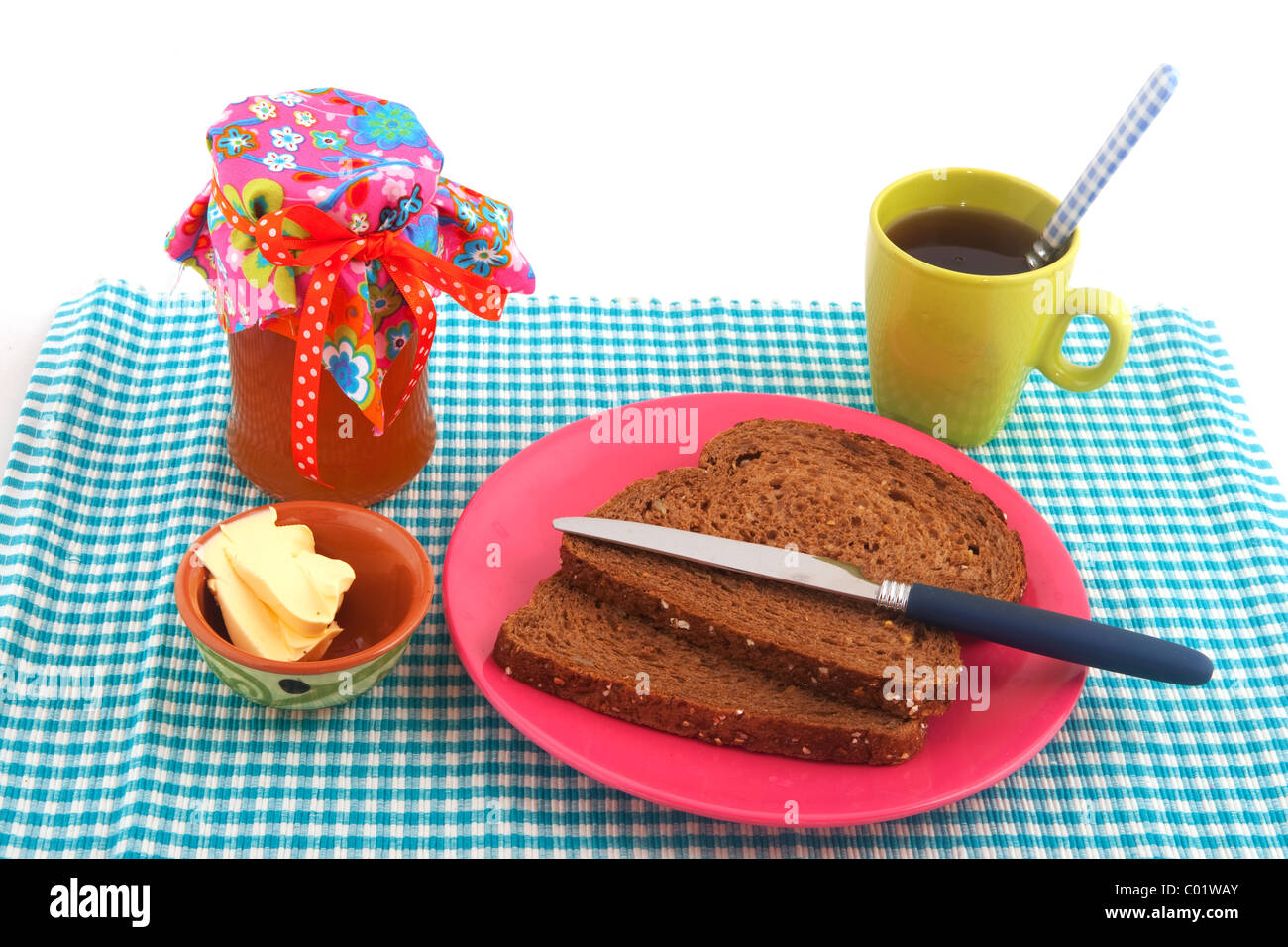 Breakfast with wholemeal bread jam and tea Stock Photo - Alamy