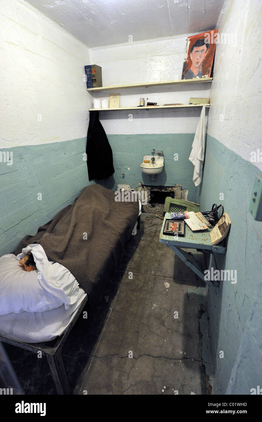 View into a cell in a cell block in the prison, Alcatraz Island ...
