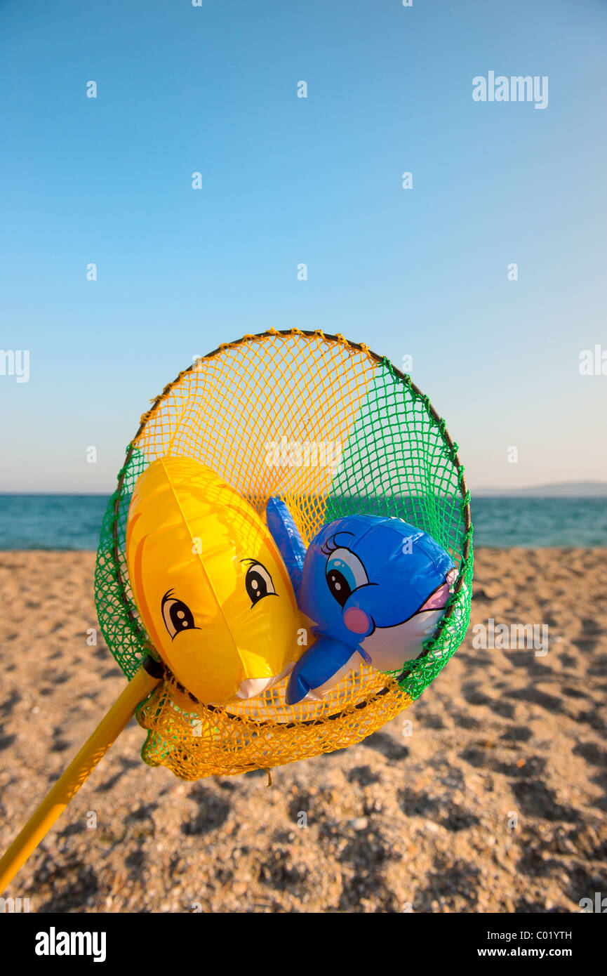 Fishing net with toy fishes at the beach Stock Photo - Alamy