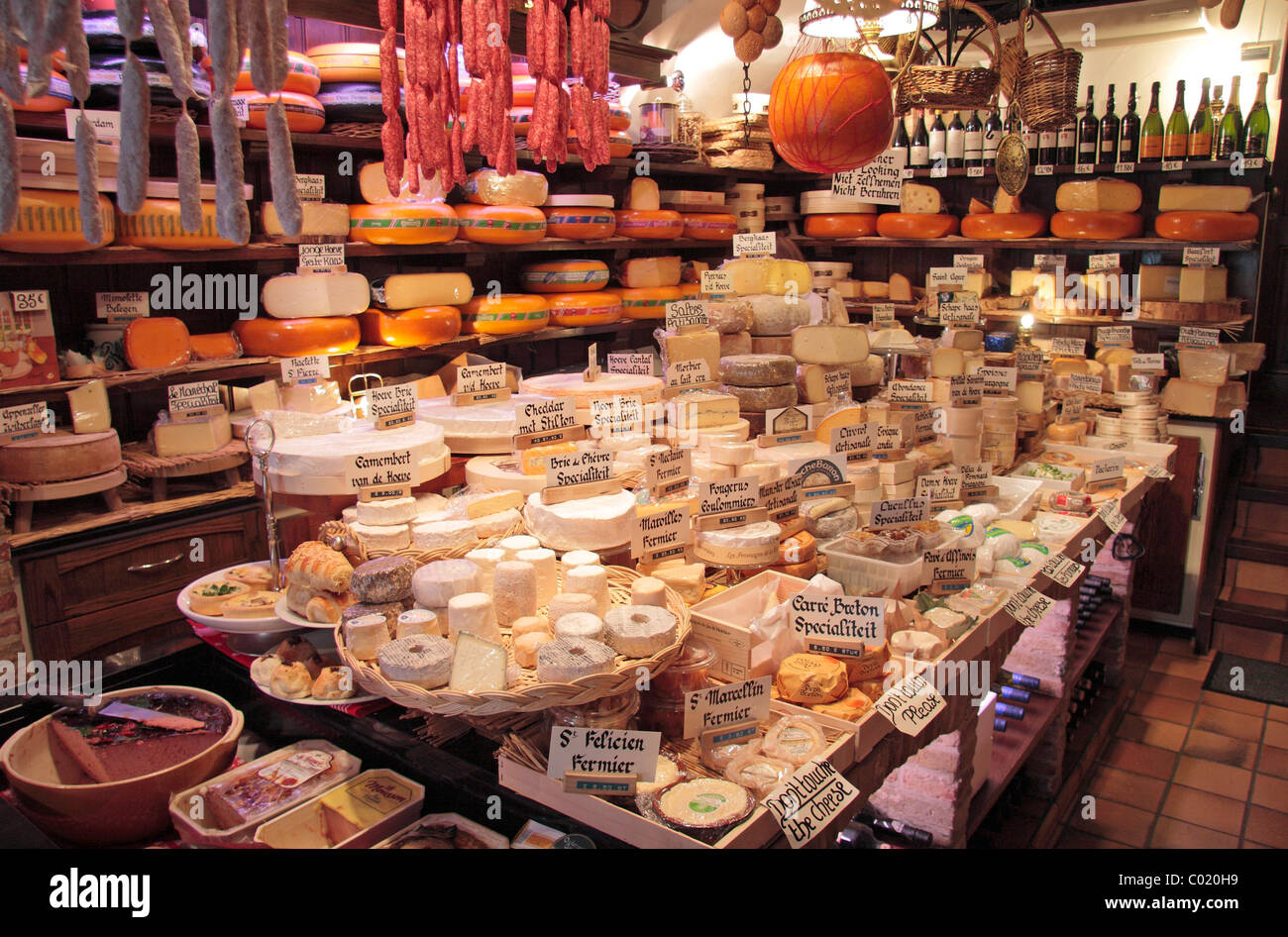 An amazing display of different cheeses in a shop in Bruges, Belgium ...