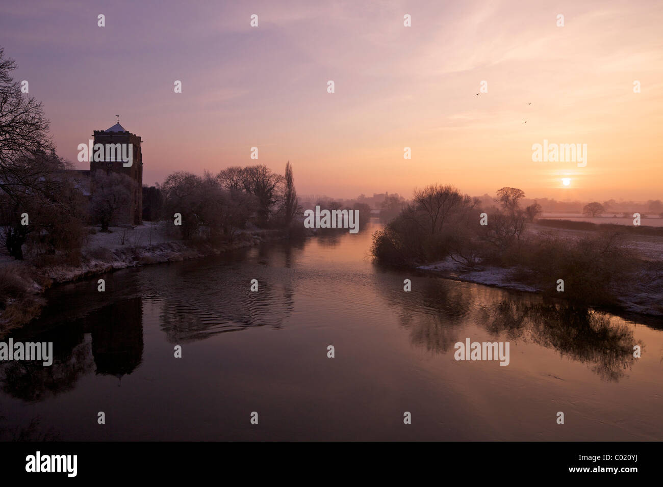 Early November snow, Atcham Church, River Severn, Shropshire, England ...