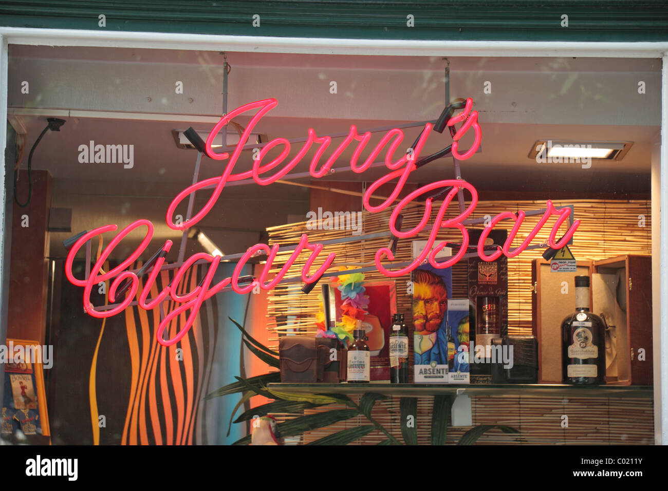 Sign in the window of Jerry's Cigar Bar in Bruges (Brugge), Belgium ...