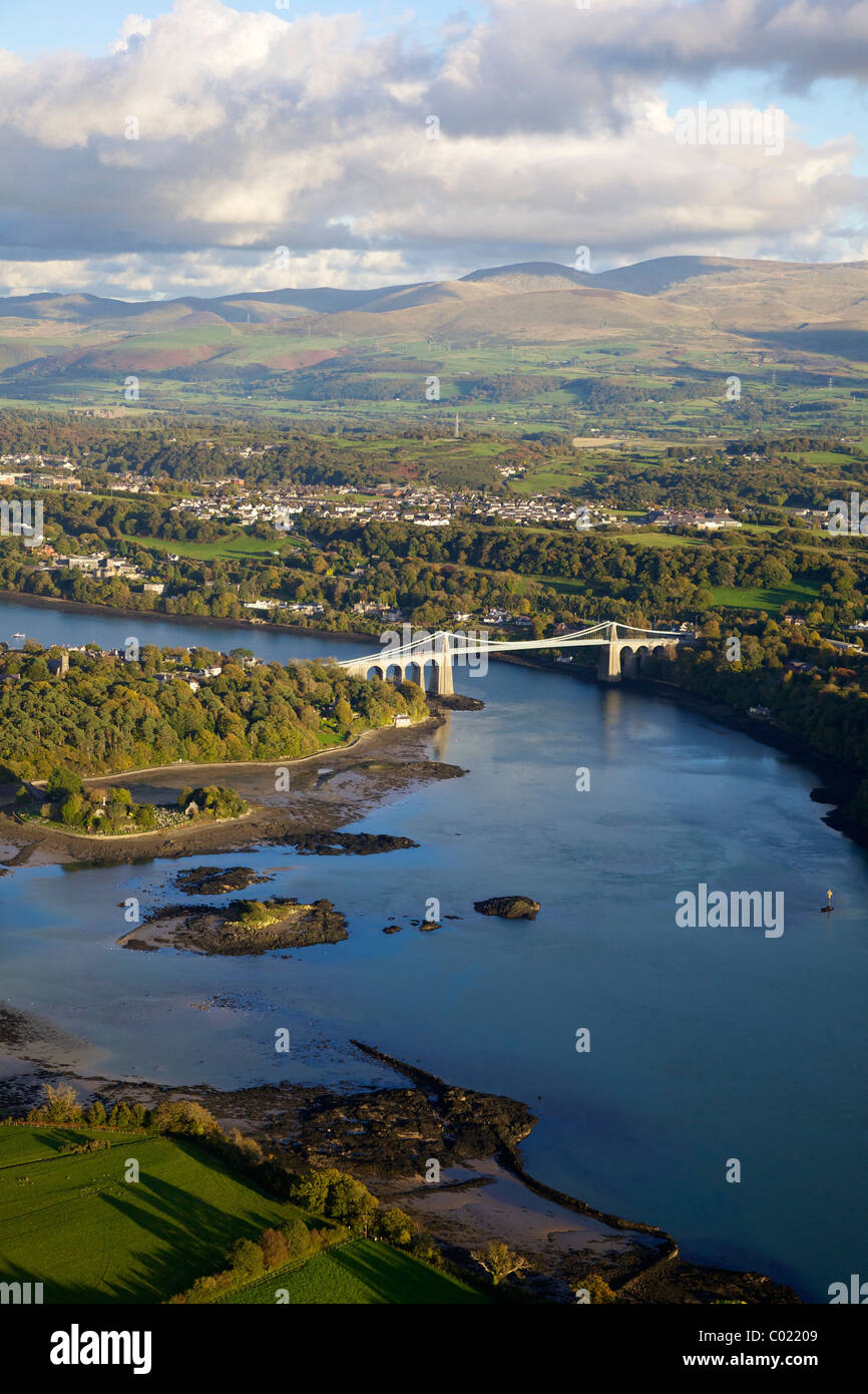 Aerial photograph of the Menai Bridge, Menai Strait, Gwynedd, North ...