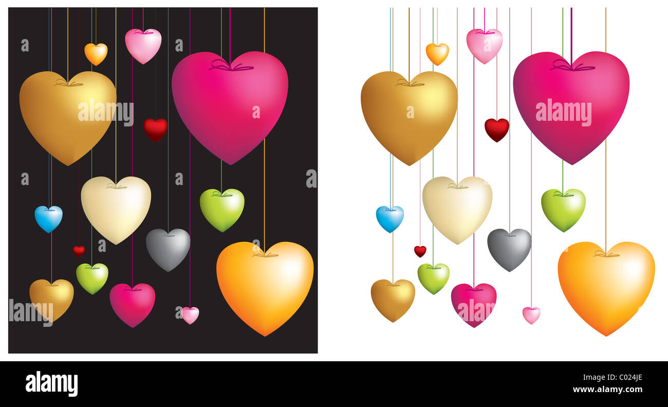 illustration on white and black of love hearts dangling on strings ...
