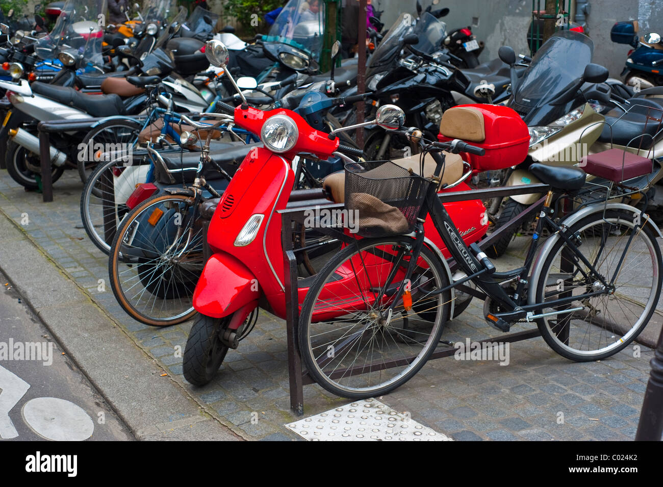 Paris, France, Street Scenes, Group Motorcycles, vespa, Bicycles Parked ...