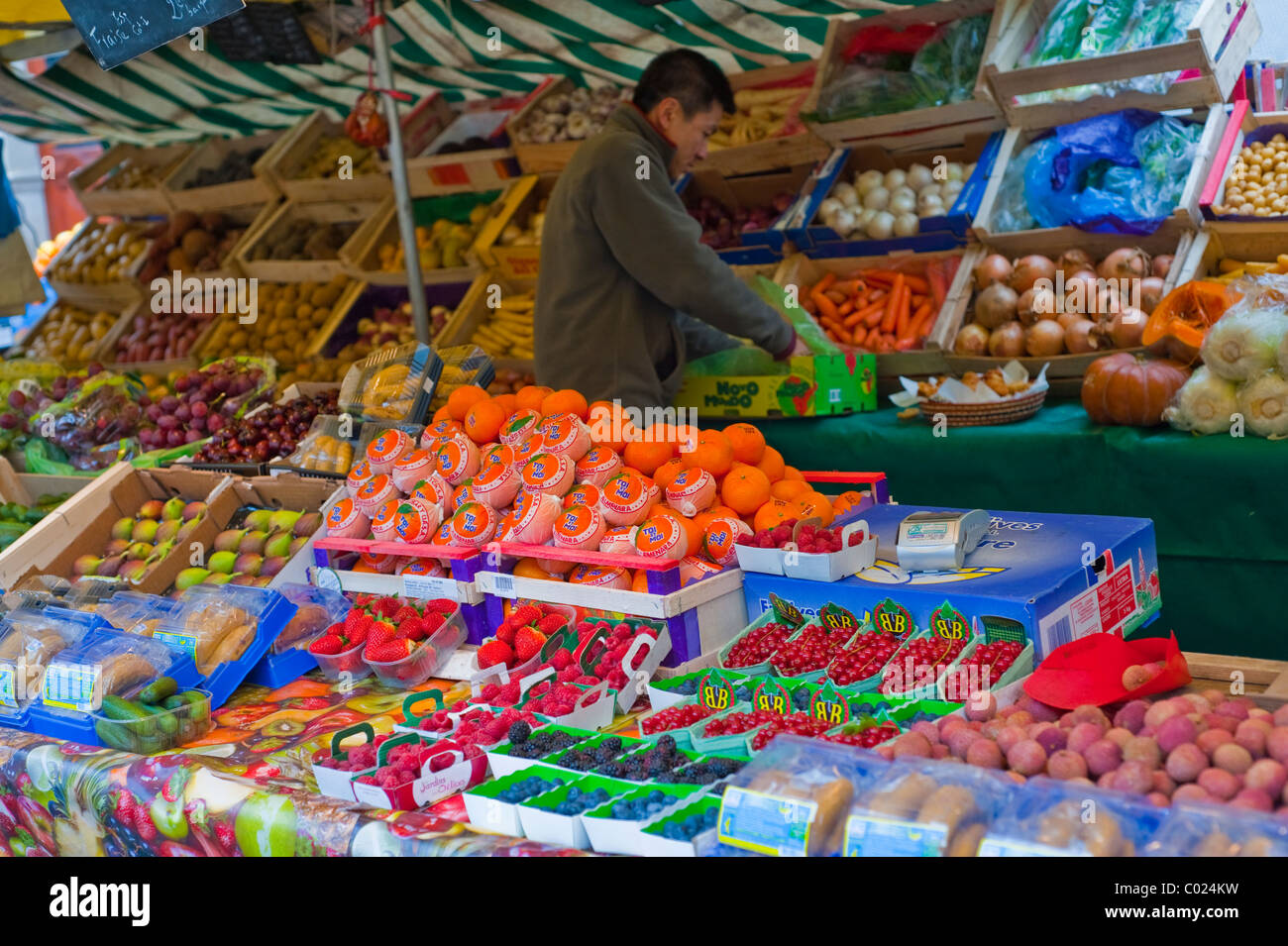 Paris, France, French Vegetable and Fruit Stall in Public Food Market ...