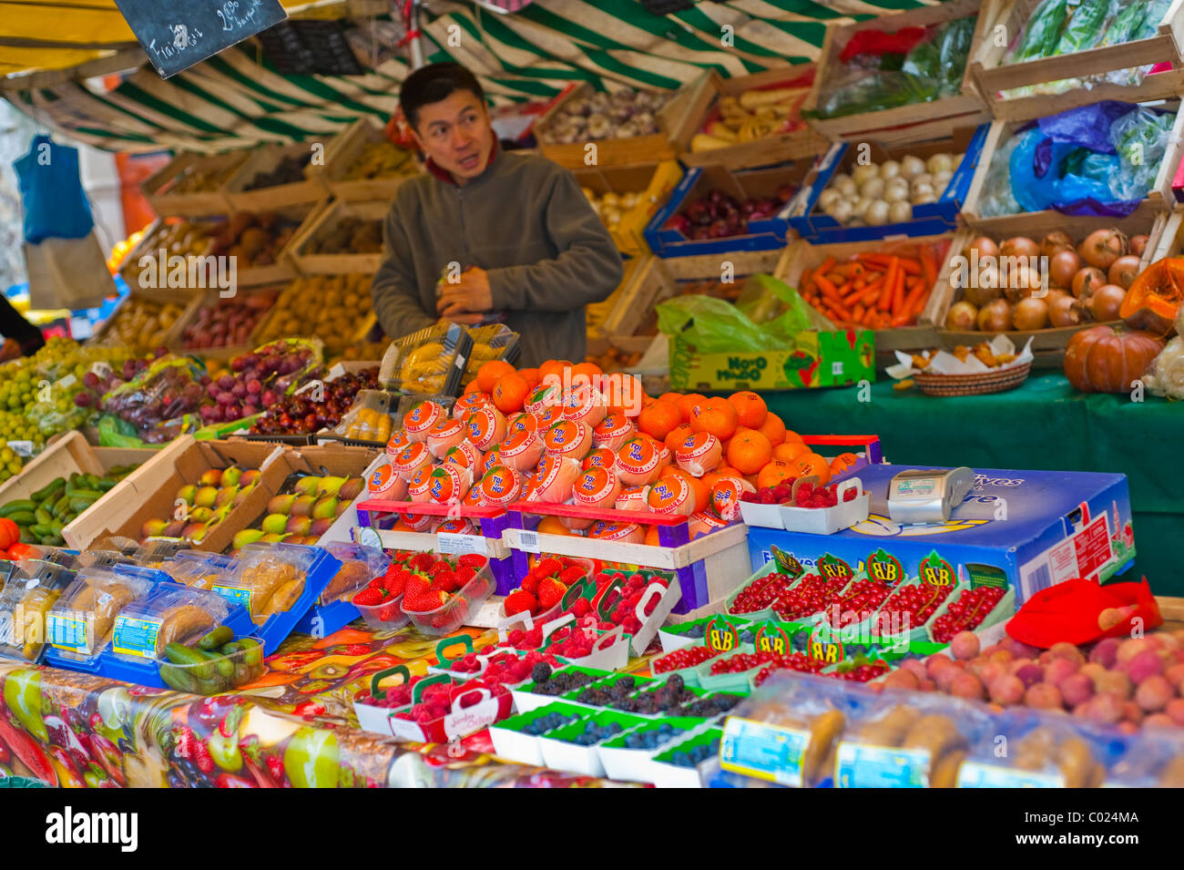 Paris, France, French Vegetable and Fruit Stall in Public Food Market ...