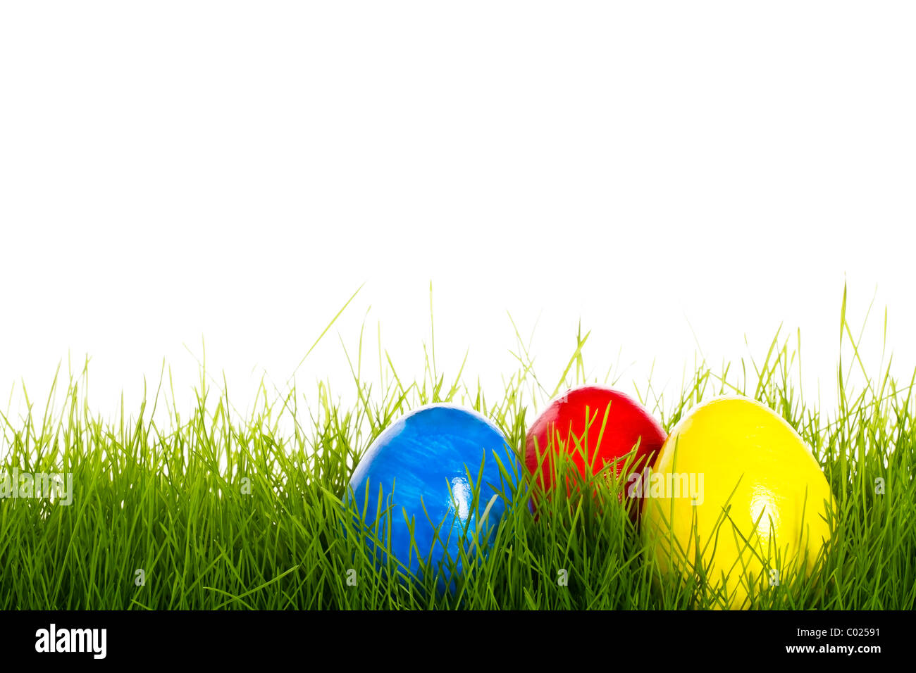 red blue and yellow easter egg in grass with white background Stock ...