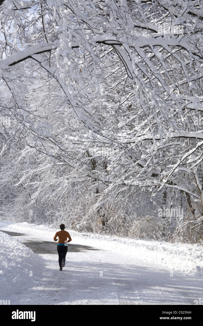 Female runner in Prospect Park after a snowstorm, Brooklyn, New York ...