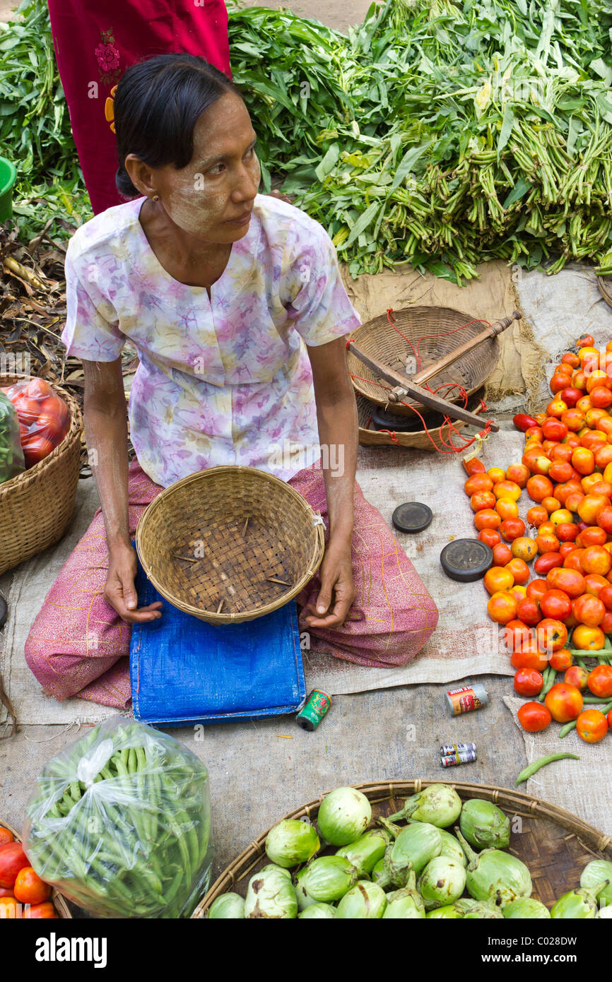 vegetable seller, daily market, New Bagan, Burma Myanmar Stock Photo ...